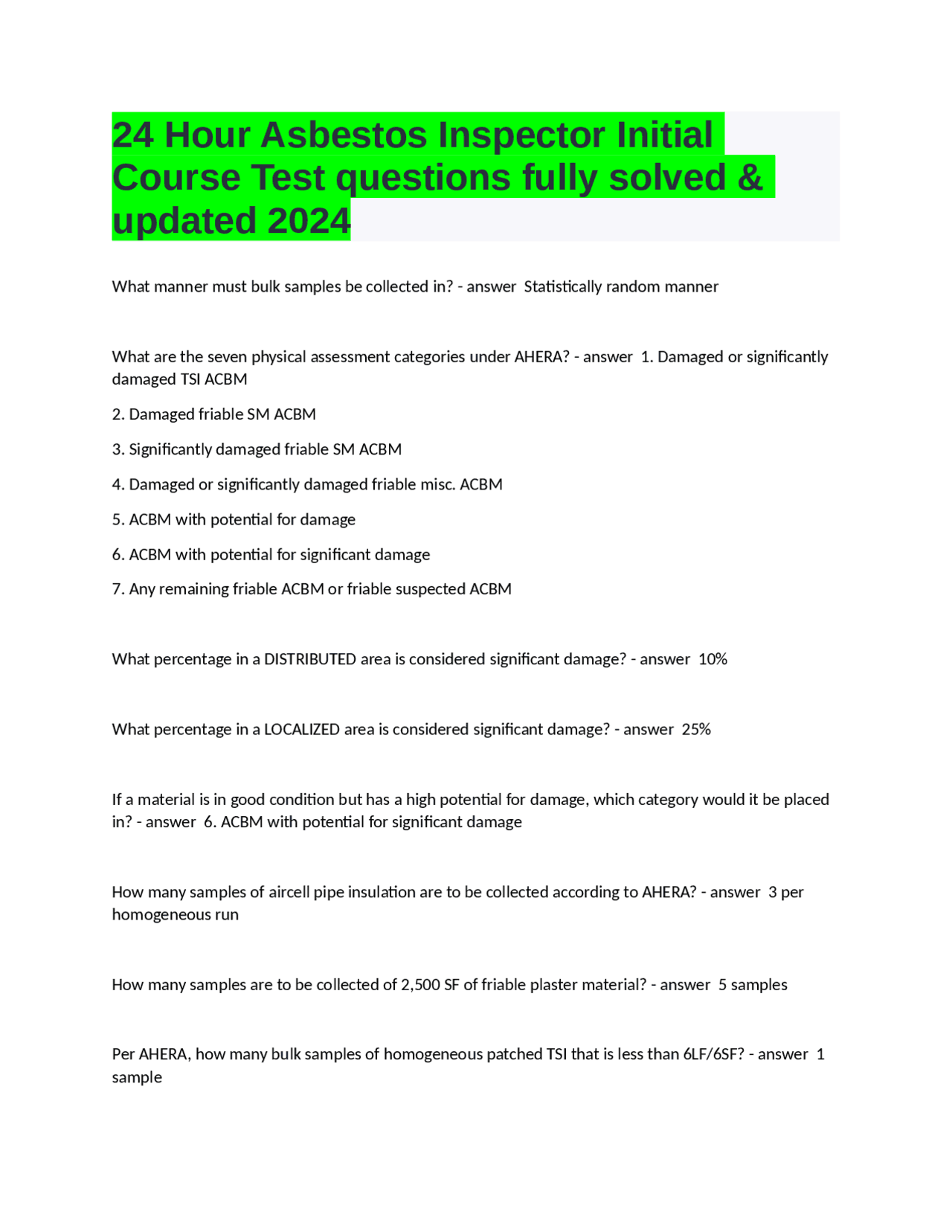 24 Hour Asbestos Inspector Initial Course Test questions fully solved ...