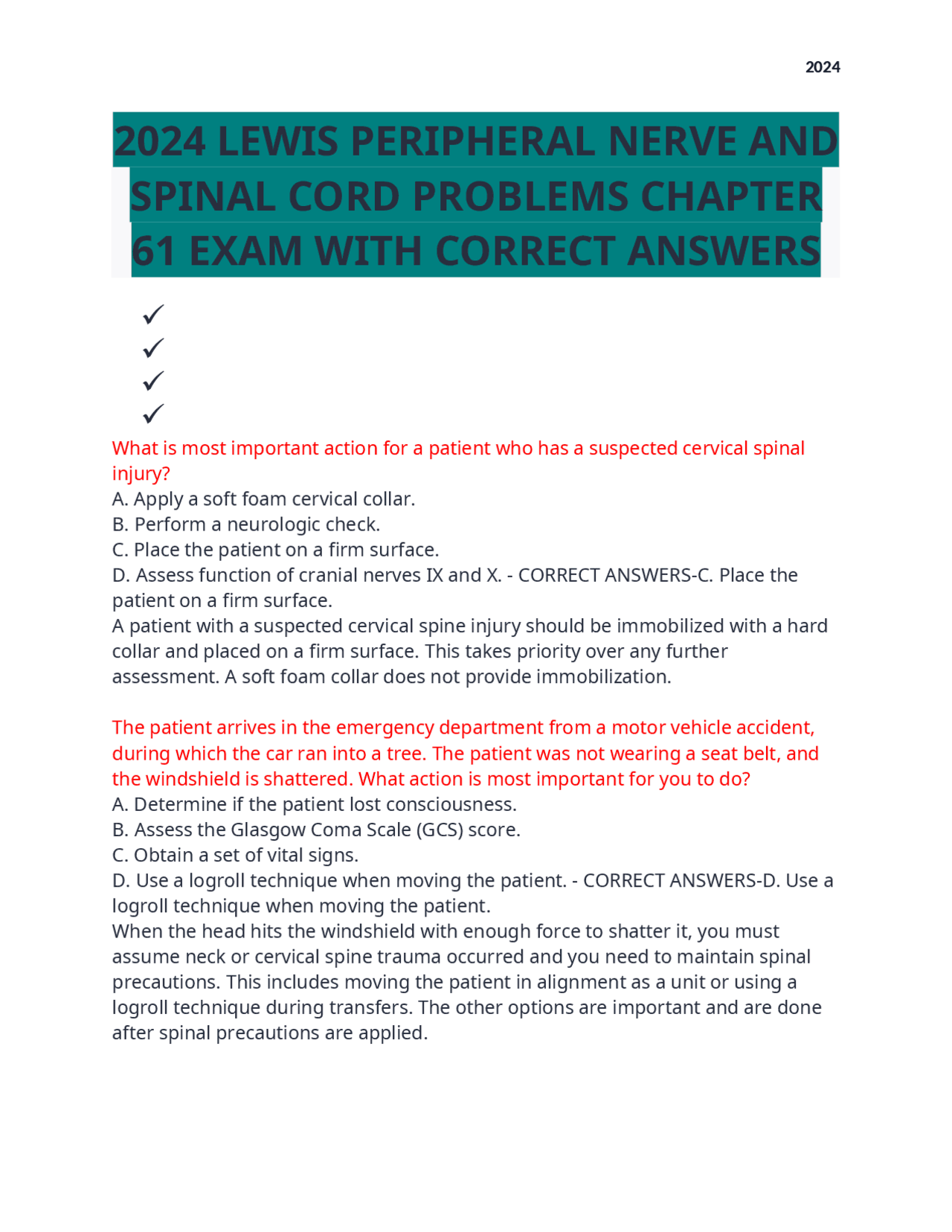 2024 LEWIS PERIPHERAL NERVE AND SPINAL CORD PROBLEMS CHAPTER 61 EXAM ...