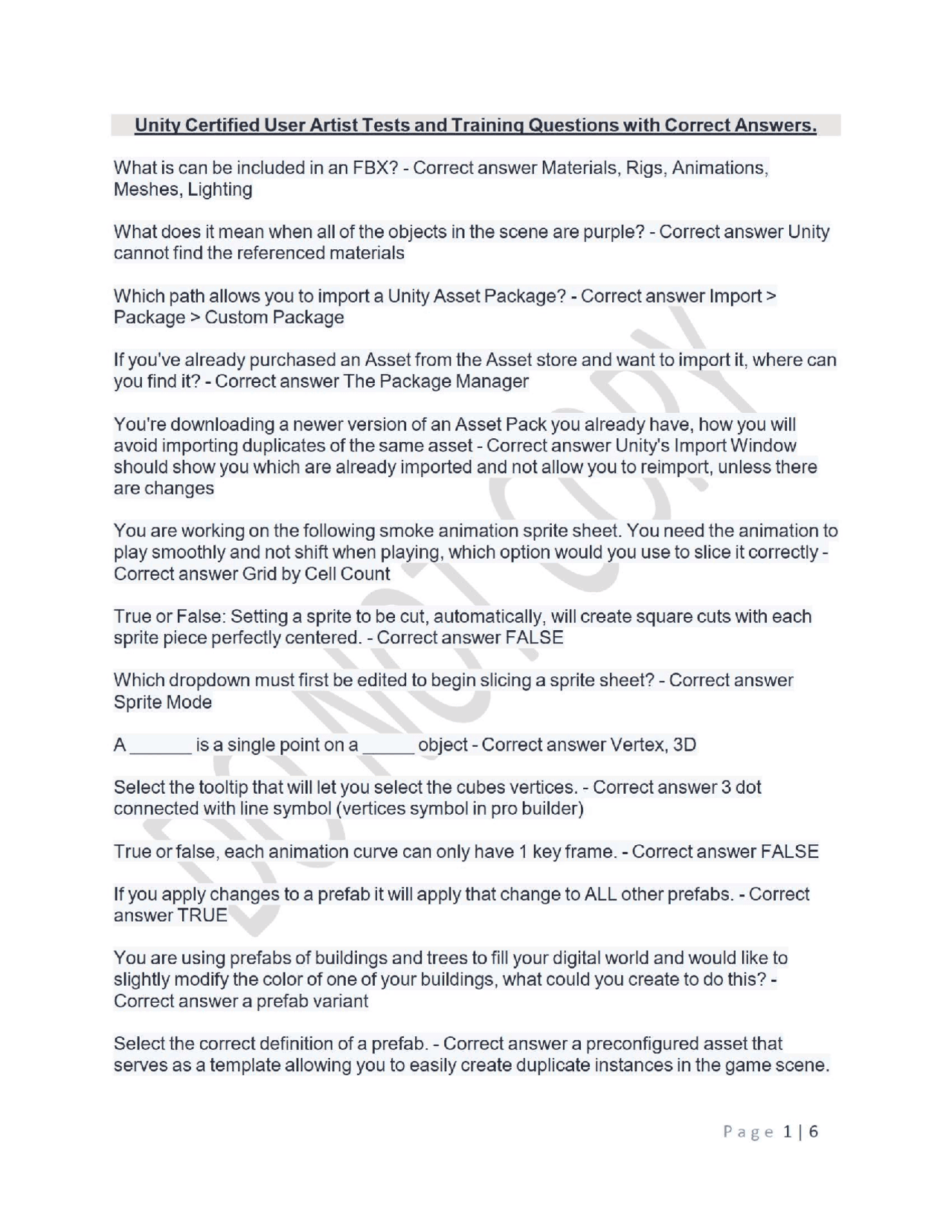 Unity Certified User Artist Tests and Training Questions with Correct ...