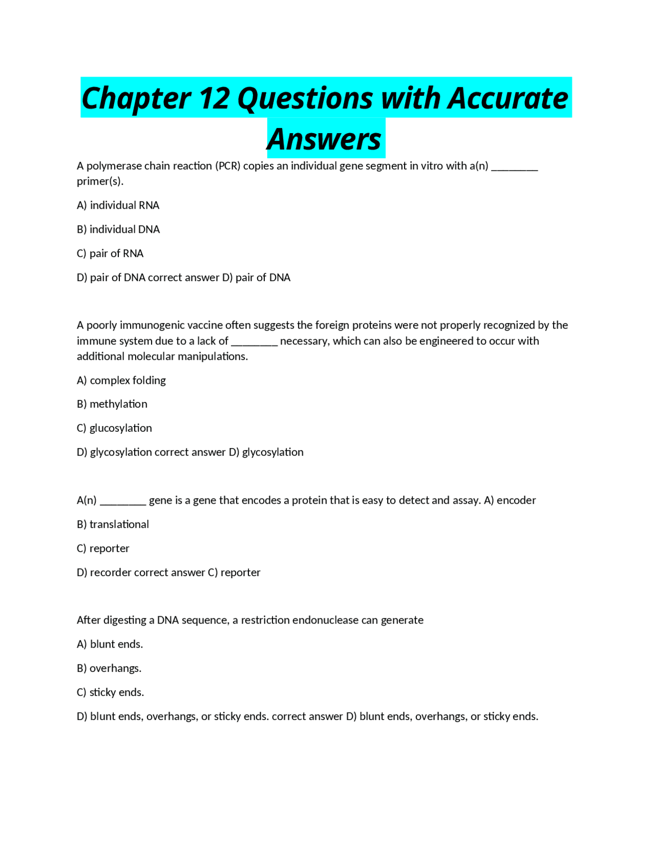 Chapter 12 Questions with Accurate Answers | Exams Biology | Docsity