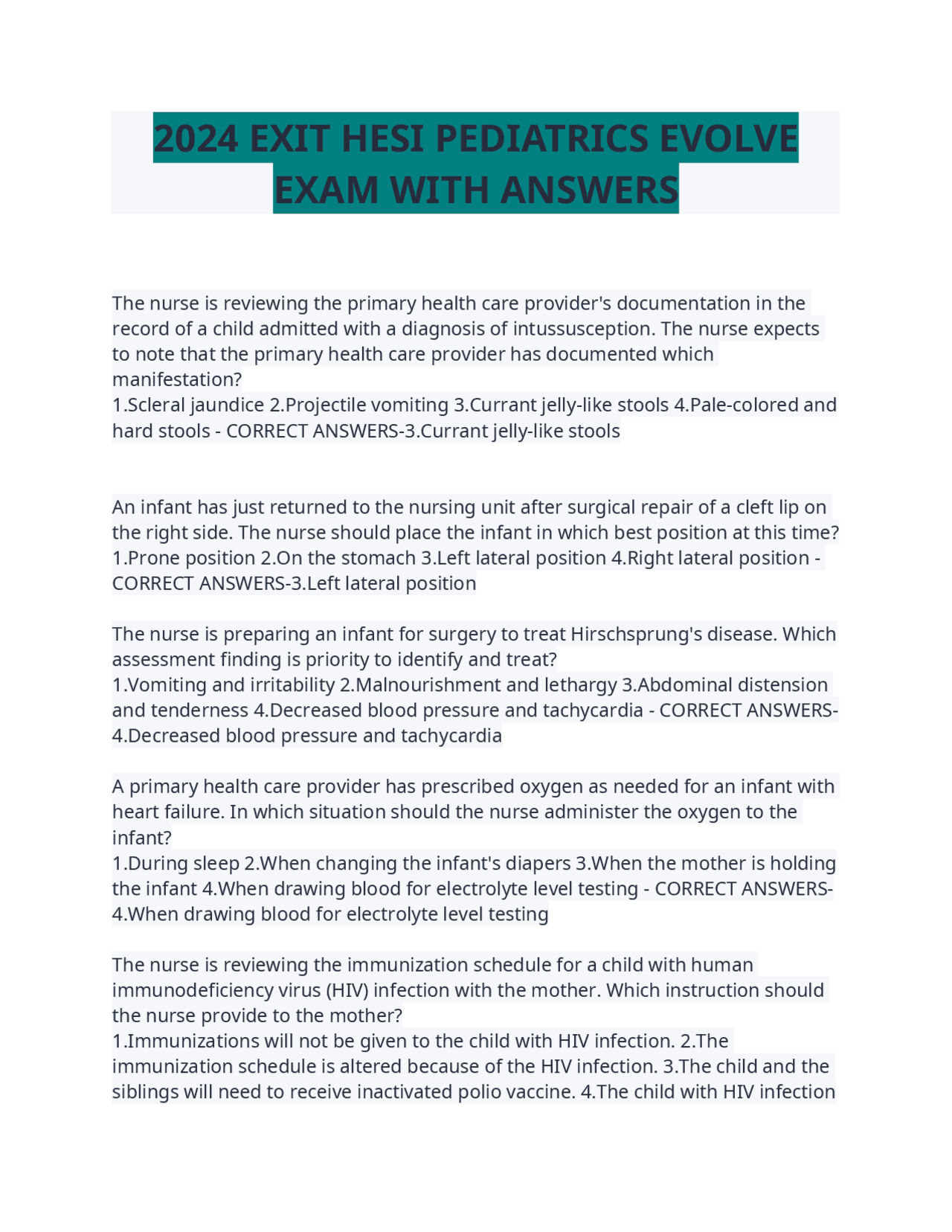 2024 EXIT HESI PEDIATRICS EVOLVE EXAM WITH ANSWERS | Exams Nursing | Docsity