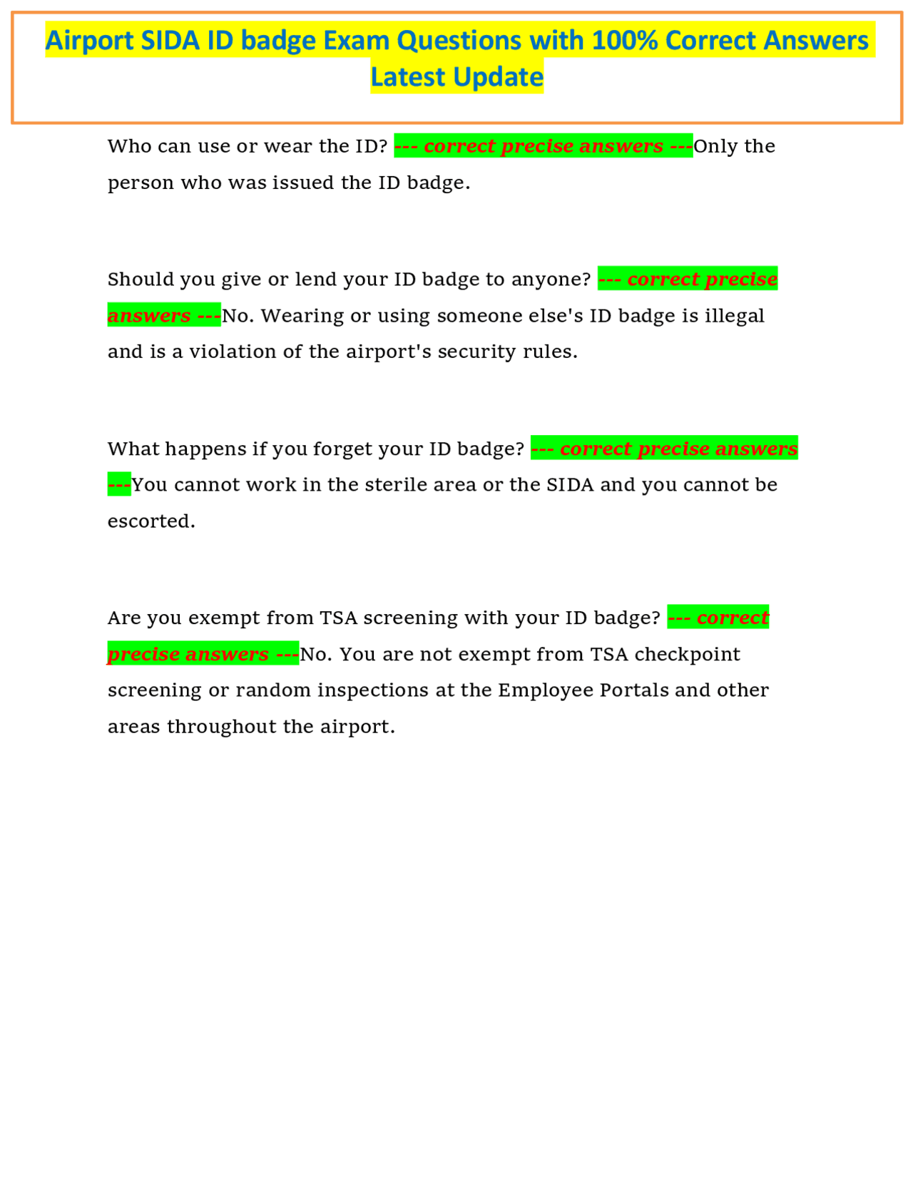 Airport SIDA ID badge Exam Questions with 100% Correct Answers | Exams ...