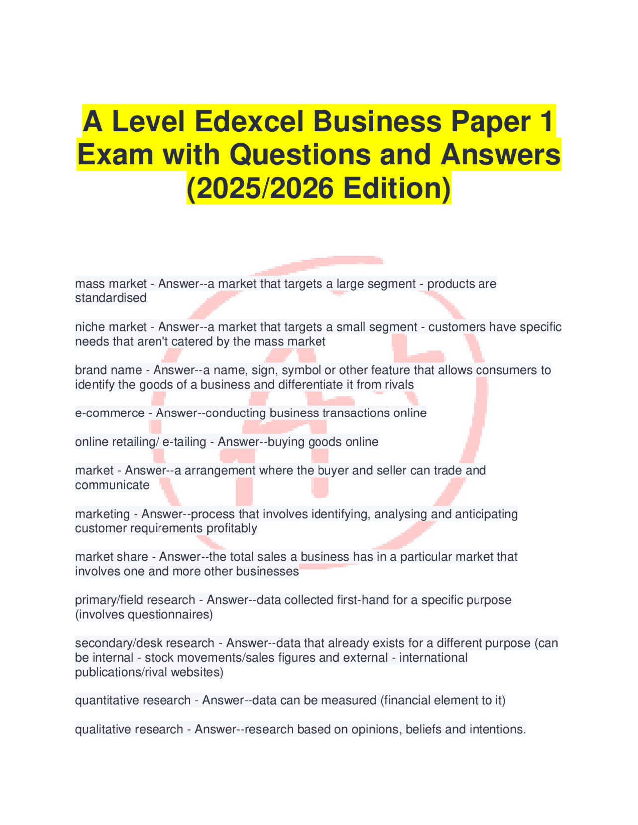 A Level Edexcel Business Paper 1 Exam with Questions and Answers (2025/ ...