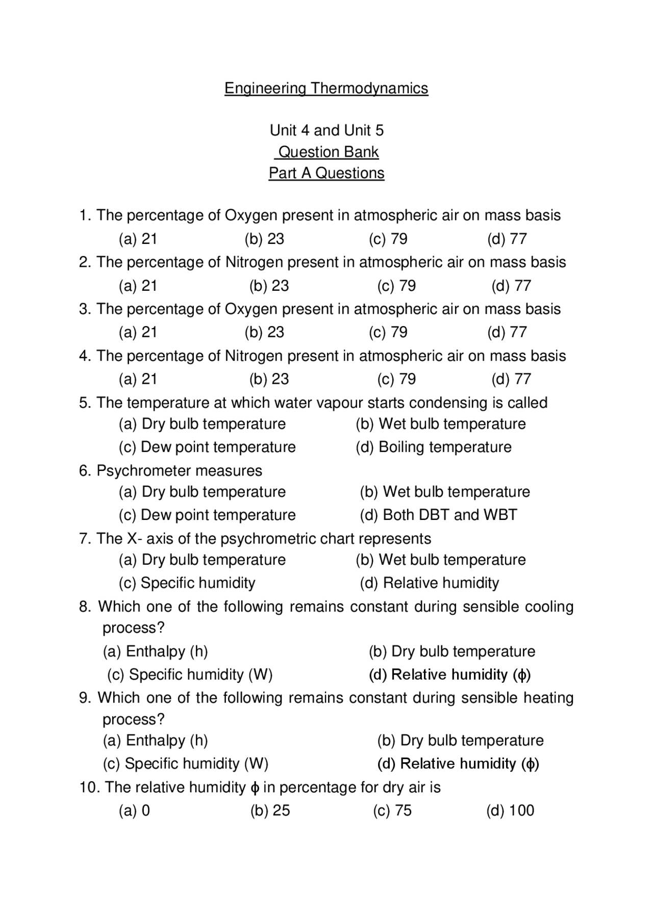 Engineering Thermodynamics Question Unit 3 and Unit 4 MCQ and Part B ...