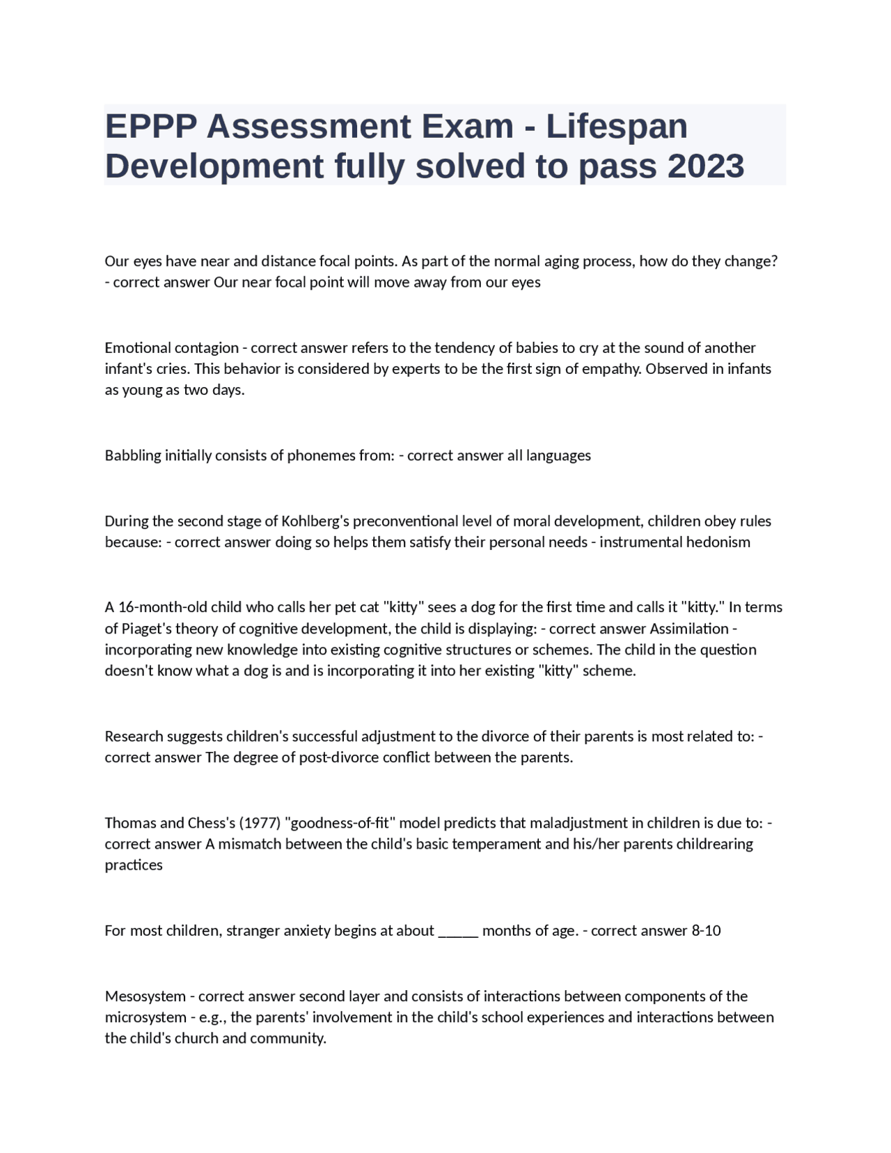 EPPP Assessment Exam - Lifespan Development fully solved to pass 2023 ...