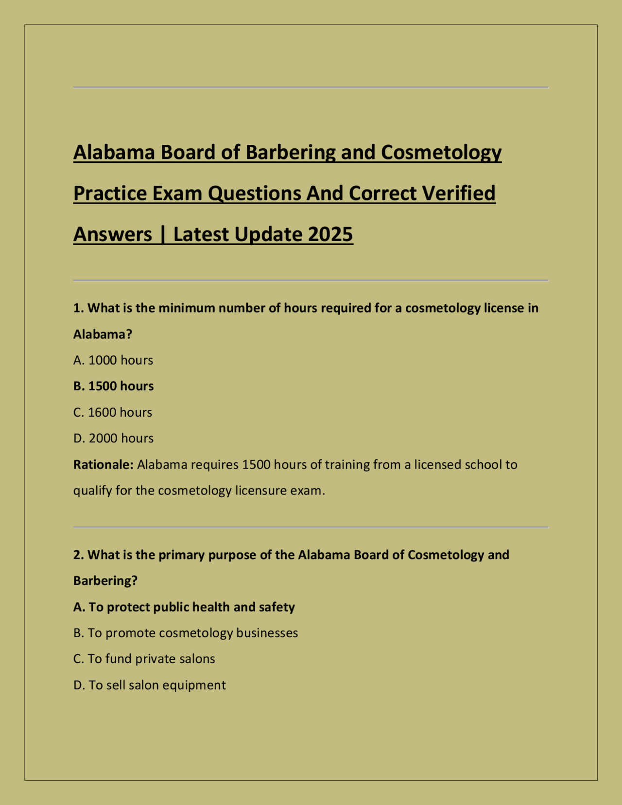 Alabama Board of Barbering and Cosmetology Practice Exam Questions And ...
