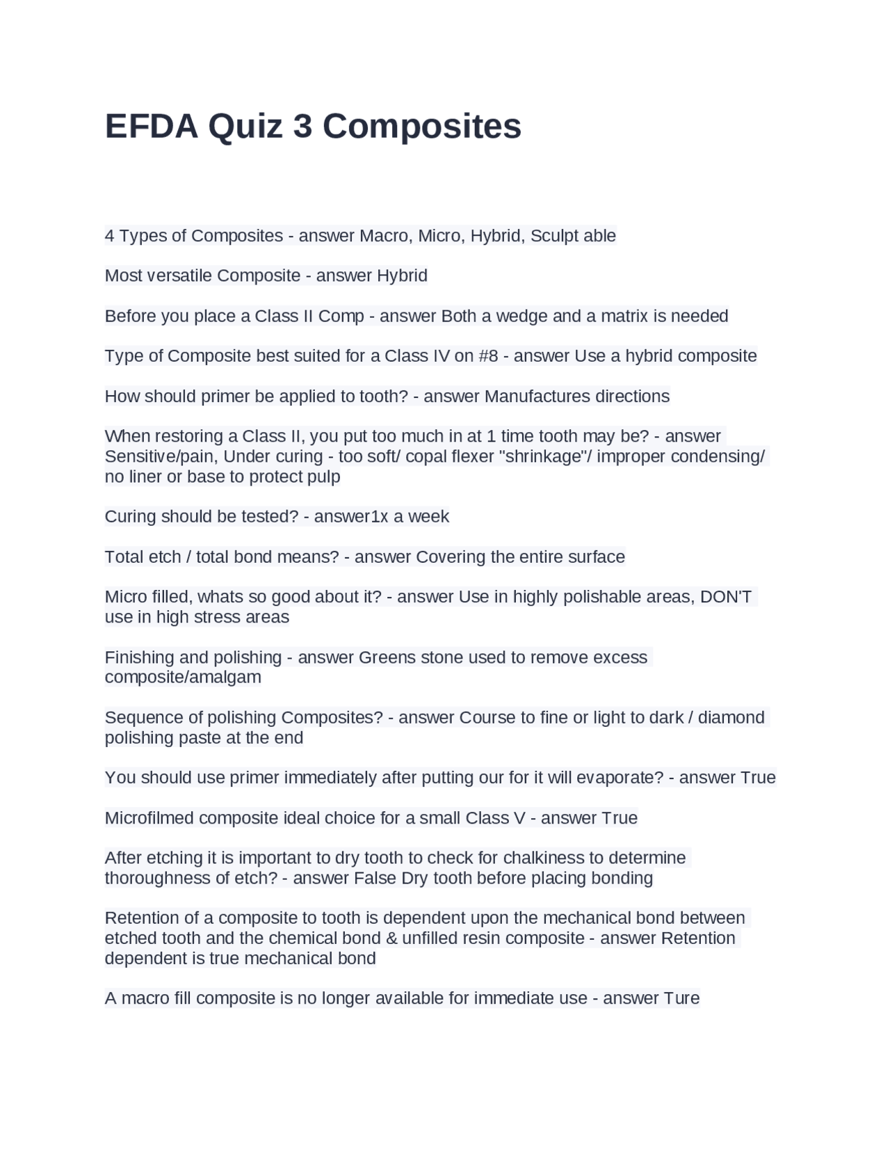 EFDA Quiz 3 Composites Questions and Answers 100% Correct | Exams ...