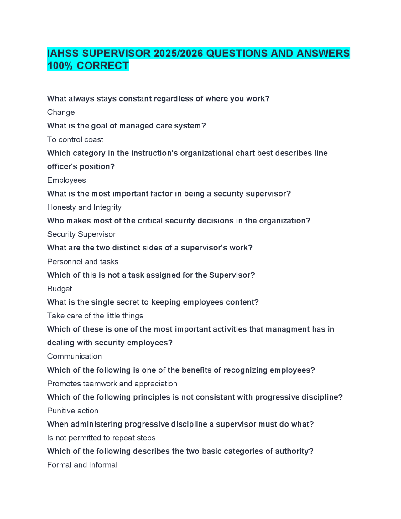 IAHSS SUPERVISOR 2025/2026 QUESTIONS AND ANSWERS 100% CORRECT | Exams ...