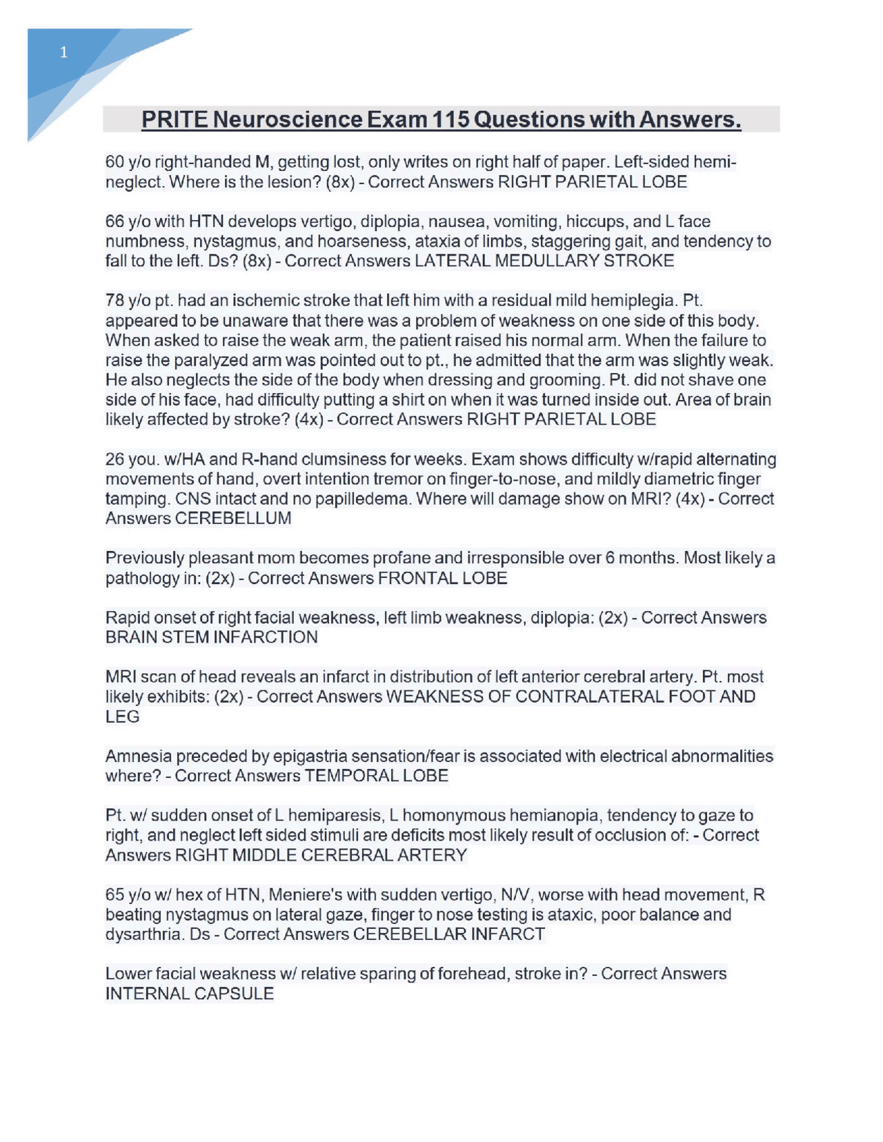 PRITE Neuroscience Exam 115 Questions with Answers. | Exams ...