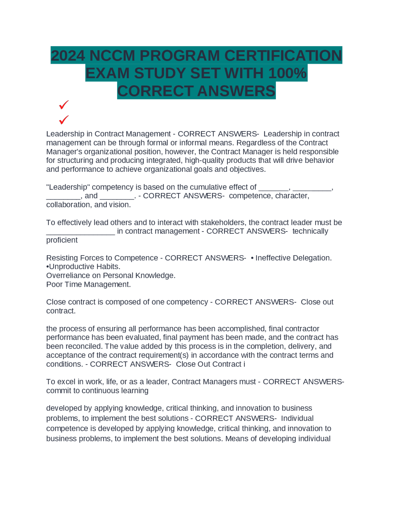 2024 NCCM PROGRAM CERTIFICATION EXAM STUDY SET WITH 100% CORRECT ANSWERS | Exams Nursing | Docsity