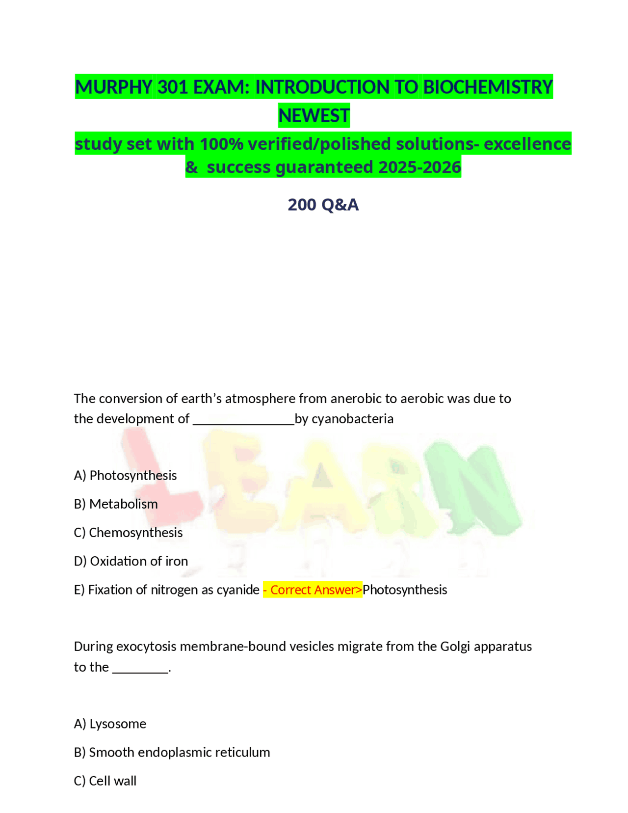 MURPHY 301 EXAM- INTRODUCTION TO BIOCHEMISTRY NEWEST study set with 100 ...