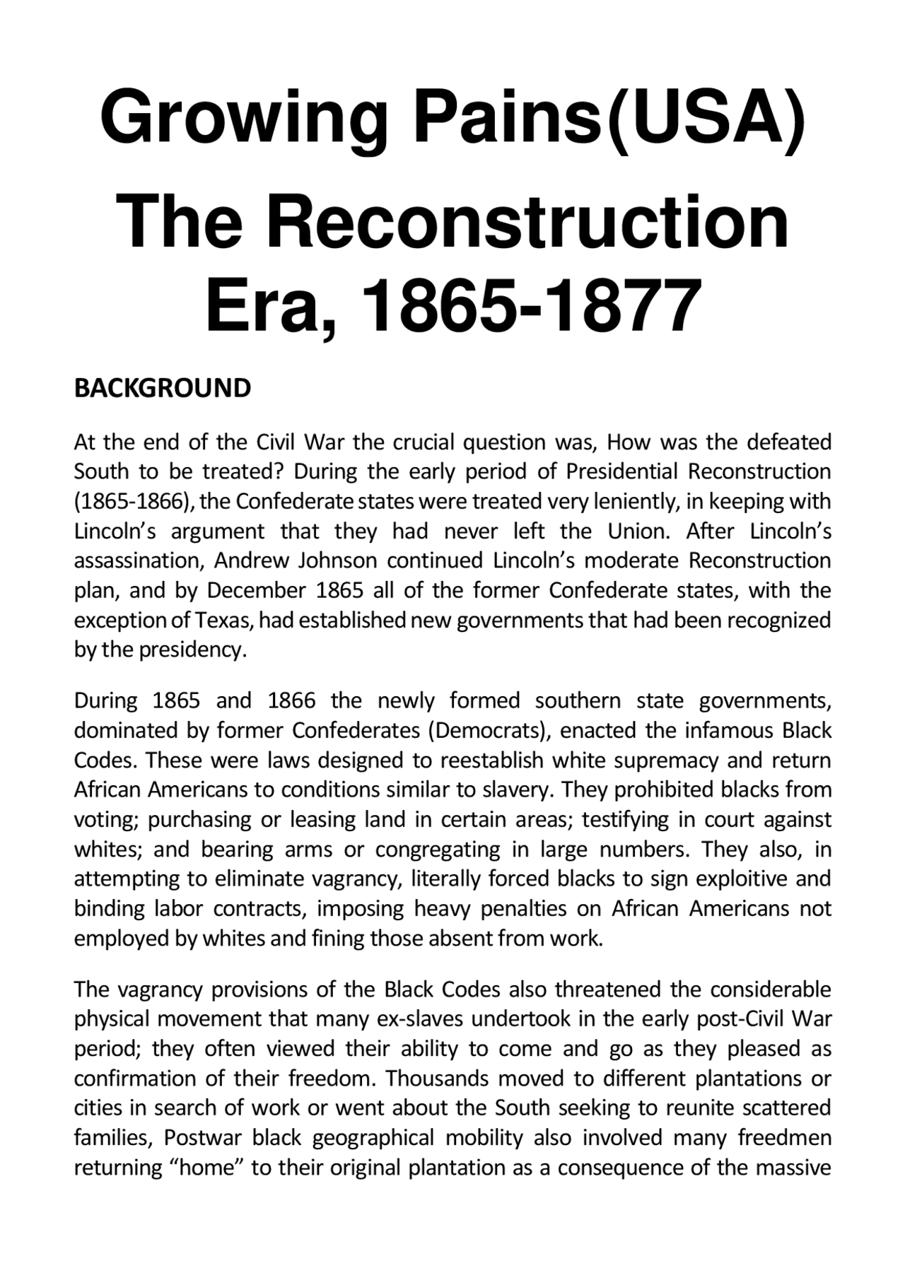 The Era of Reconstruction, 1865-1877 | Transcriptions History | Docsity