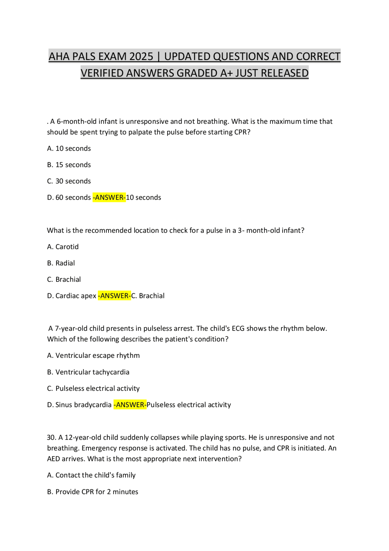AHA PALS EXAM 2025 | UPDATED QUESTIONS AND CORRECT VERIFIED ANSWERS ...