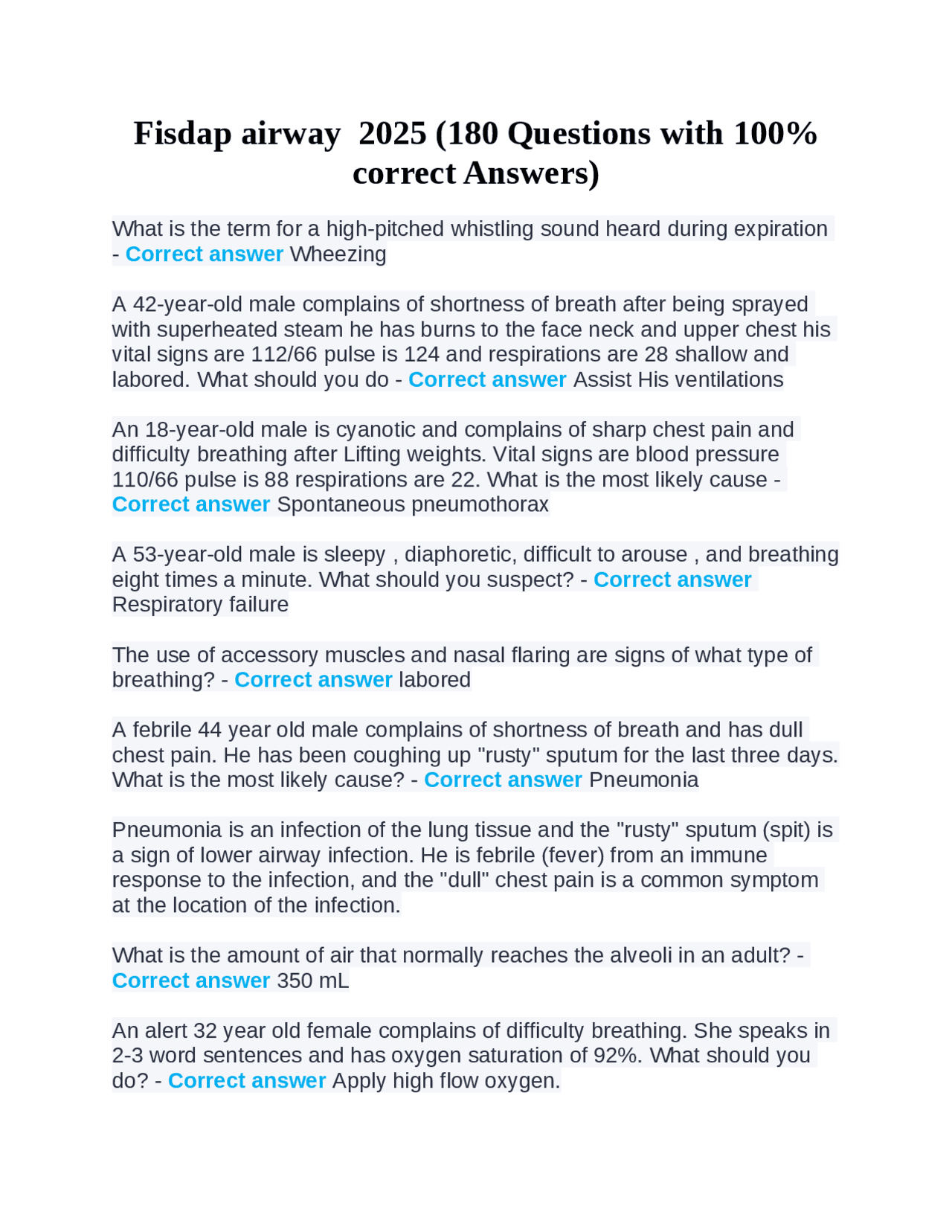 FISDAP Airway EMT Program Study Guide 2025 | Exams Nursing | Docsity