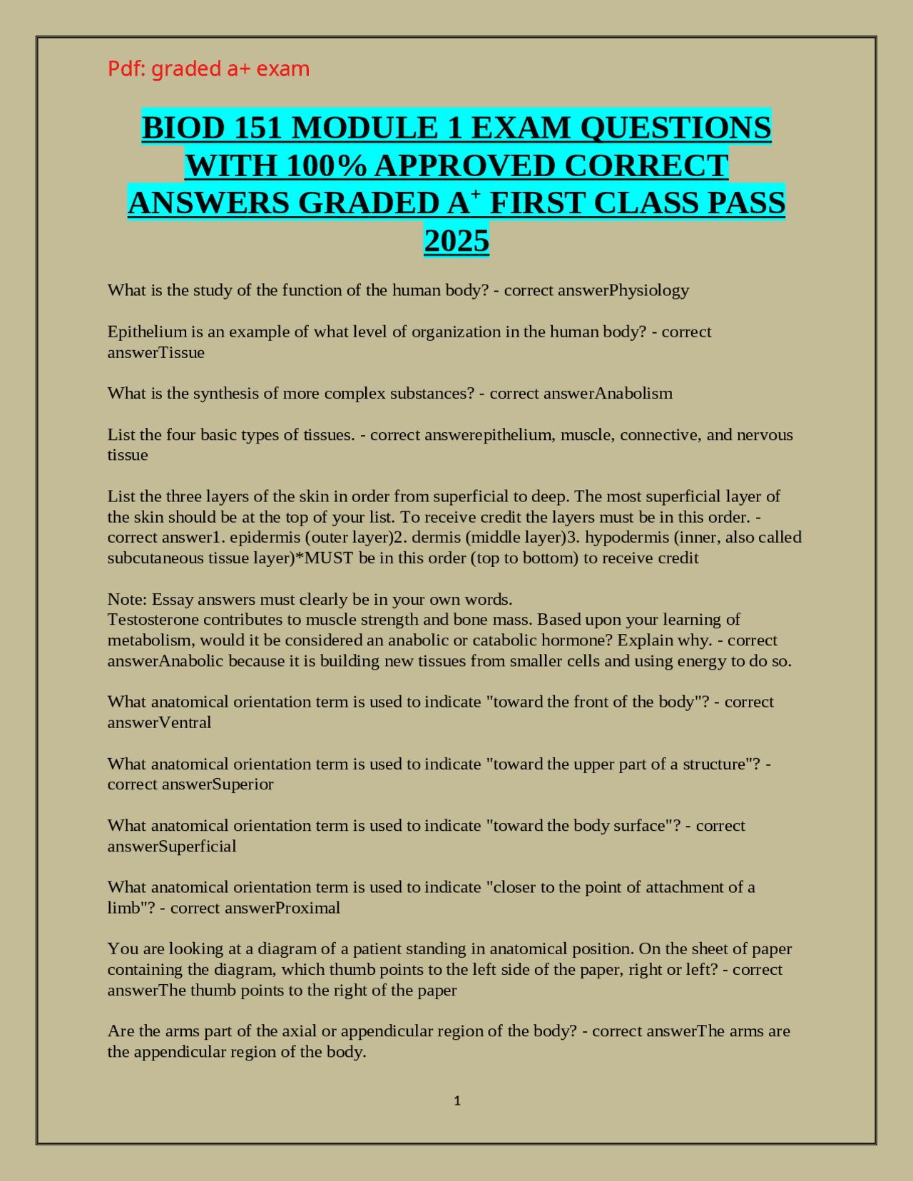 BIOD 151 MODULE 1 EXAM QUESTIONS WITH 100% APPROVED CORRECT ANSWERS ...