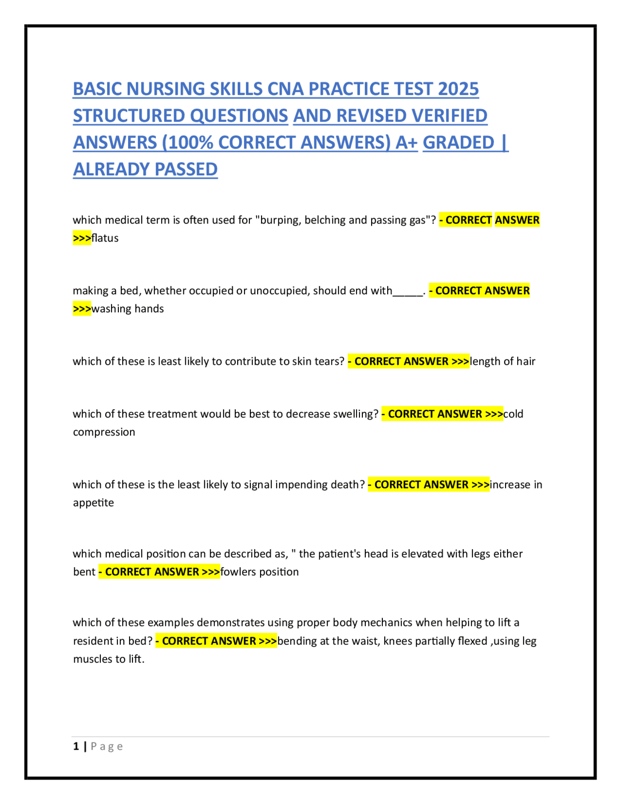 BASIC NURSING SKILLS CNA PRACTICE TEST 2025 STRUCTURED QUESTIONS AND ...