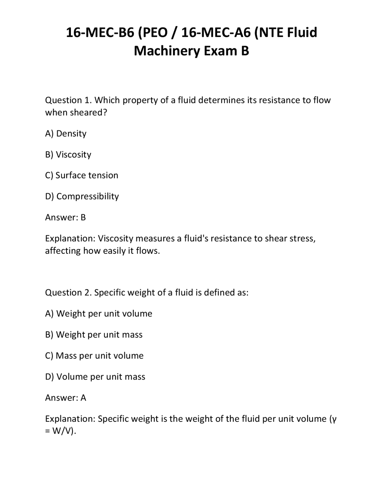 16-MEC-B6 (PEO / 16-MEC-A6 (NTE Fluid Machinery Exam B | Exams ...