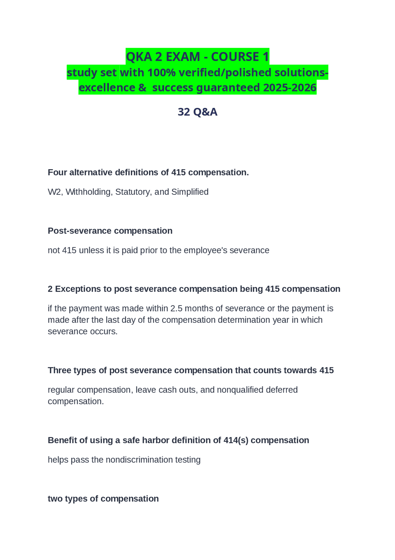 QKA 2 EXAM - COURSE 1 study set with 100% verified/polished solutions ...