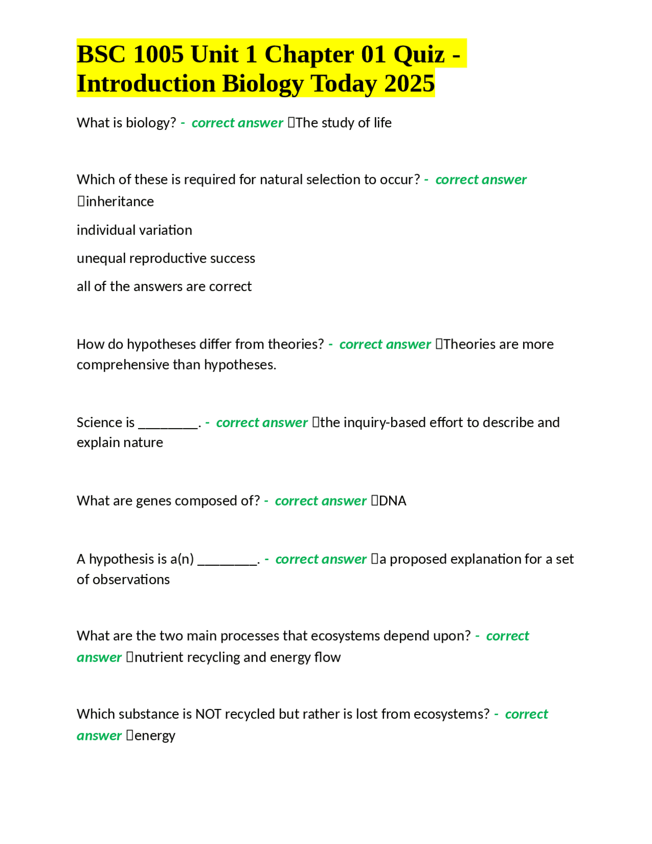 Biology Fundamentals: Quiz on Key Concepts | Exams Biology | Docsity