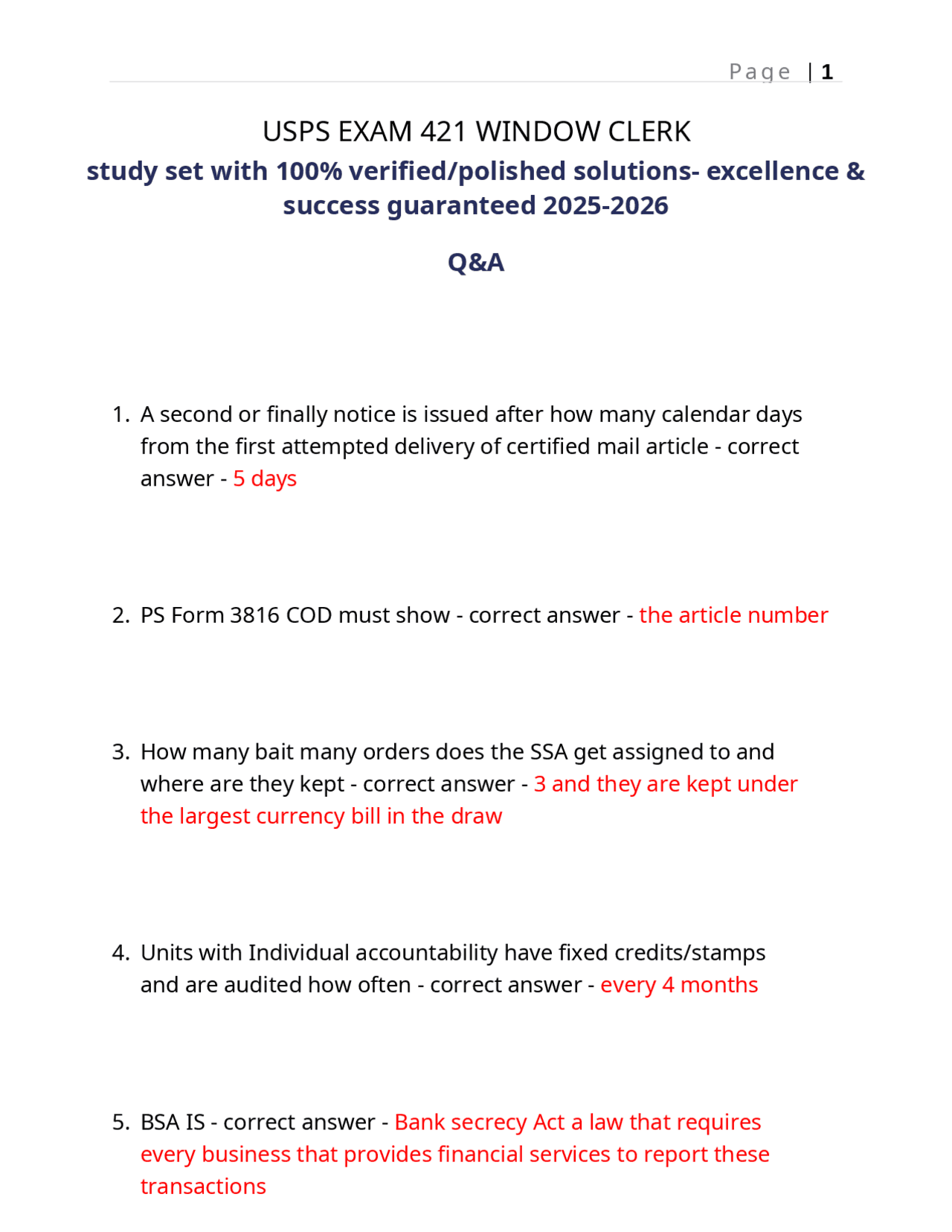 USPS EXAM 421 WINDOW CLERK study set with 100% verified/polished ...