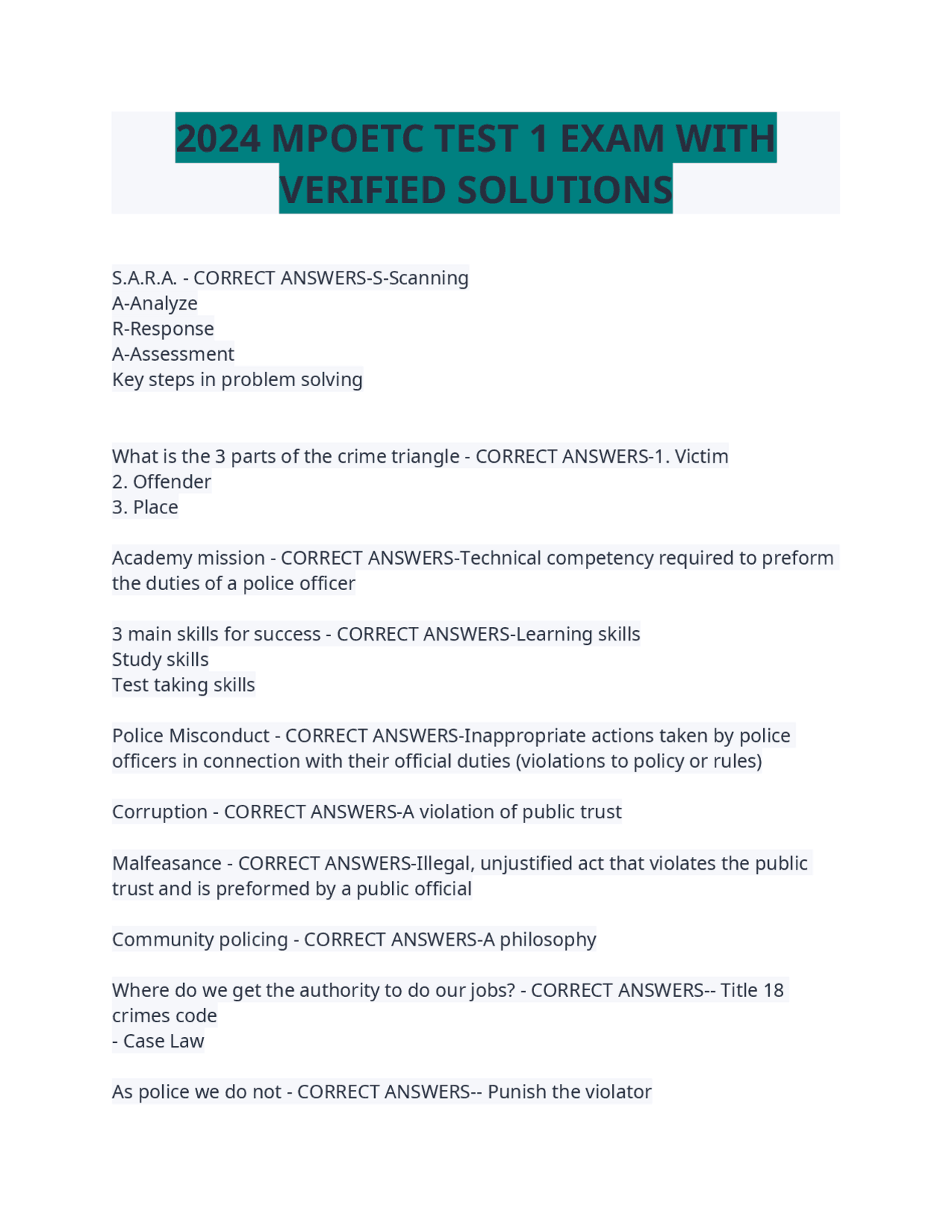 2024 MPOETC TEST 1 EXAM WITH VERIFIED SOLUTIONS | Exams Nursing | Docsity