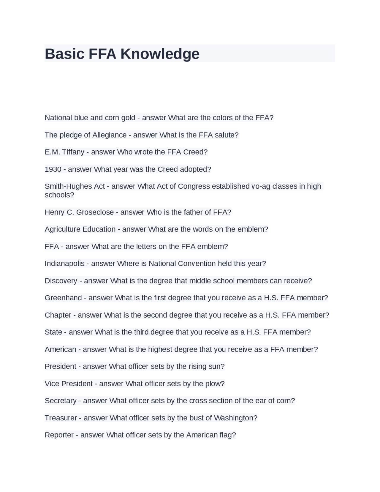 Basic FFA Knowledge Questions and Answers Fully Solved | Exams Advanced ...
