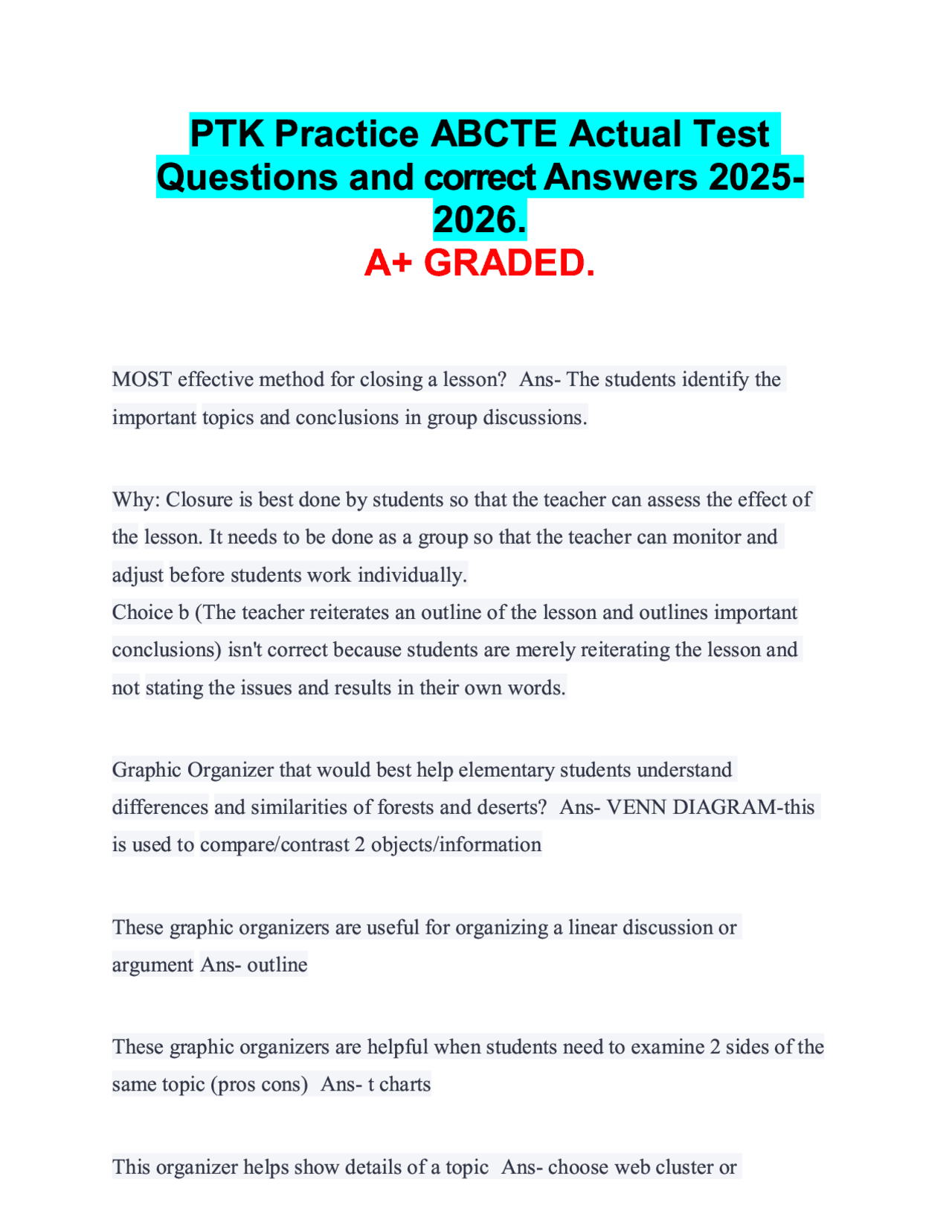 PTK Practice ABCTE Actual Test Questions and correct Answers 2025 2026 ...