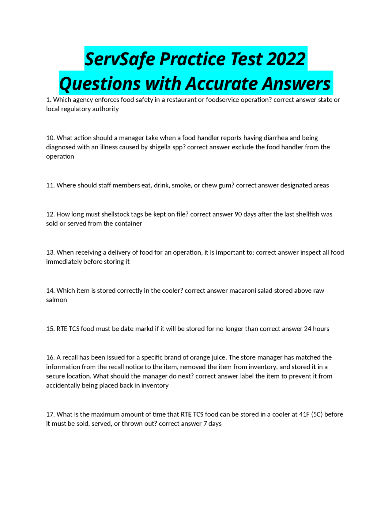 ServSafe Practice Test 2022 Questions with Accurate Answers | Exams ...