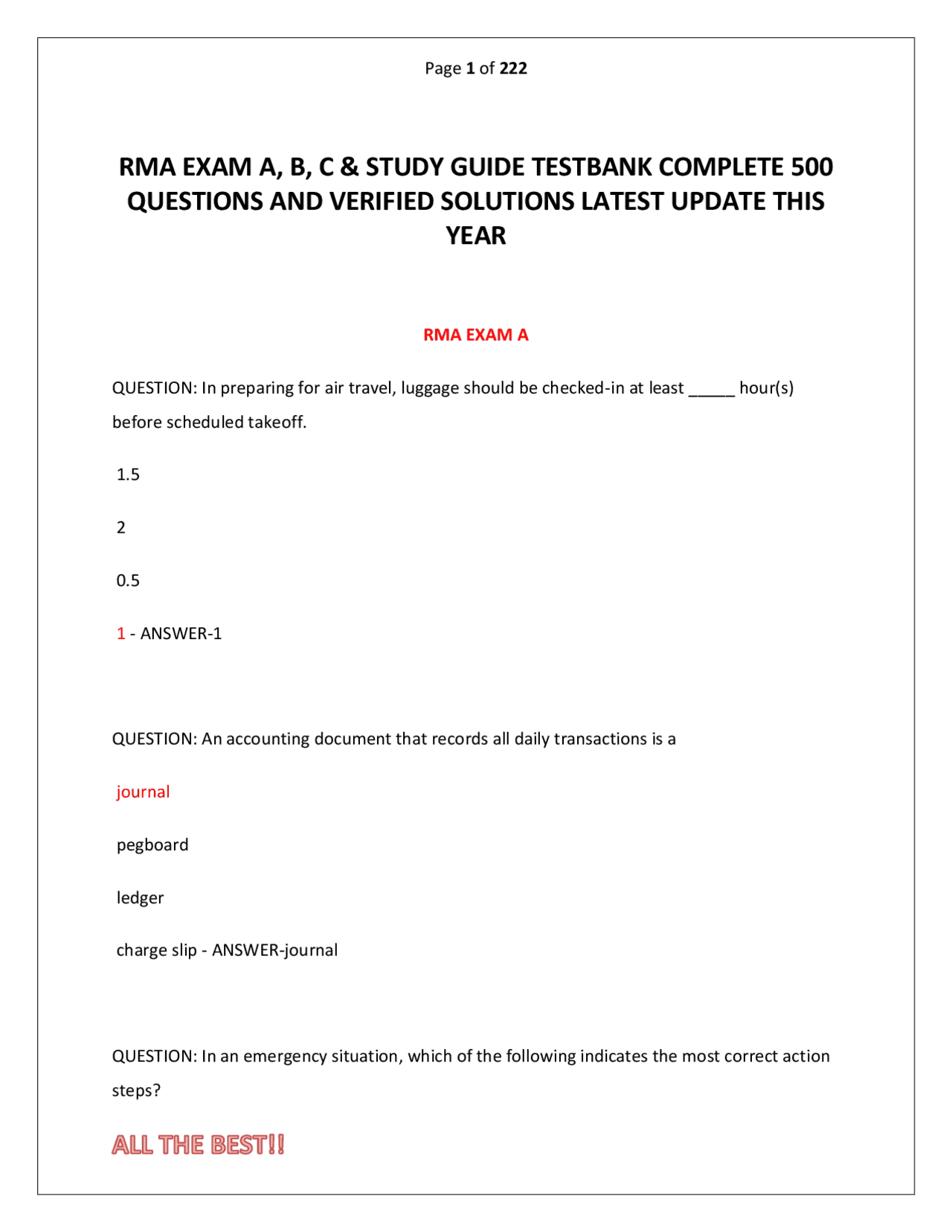RMA EXAM A, B, C & STUDY GUIDE TESTBANK COMPLETE 500 QUESTIONS AND ...