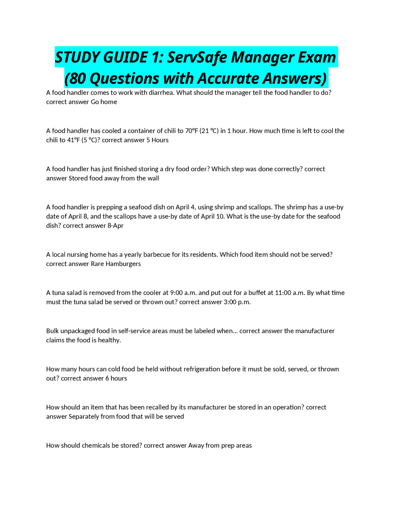 STUDY GUIDE 1: ServSafe Manager Exam (80 Questions with Accurate ...