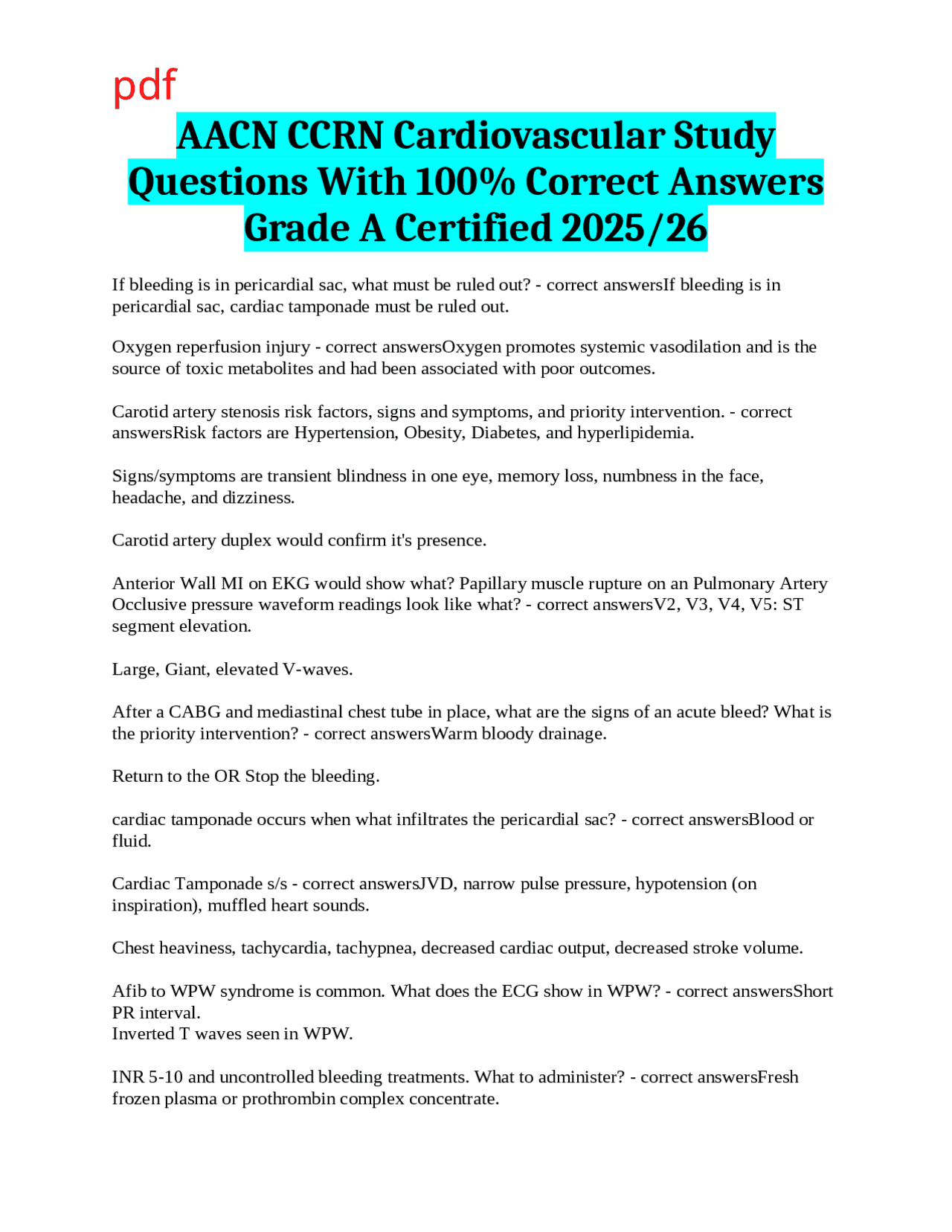 AACN CCRN Cardiovascular Study Questions With 100% Correct Answers ...