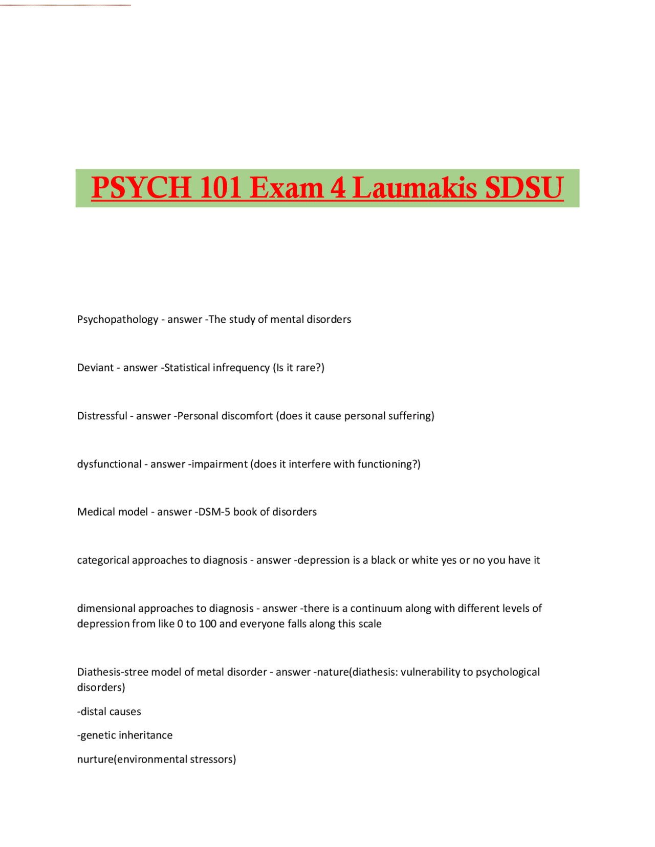 Psychopathology Exam Study Guide: Key Concepts and Disorders | Exams ...
