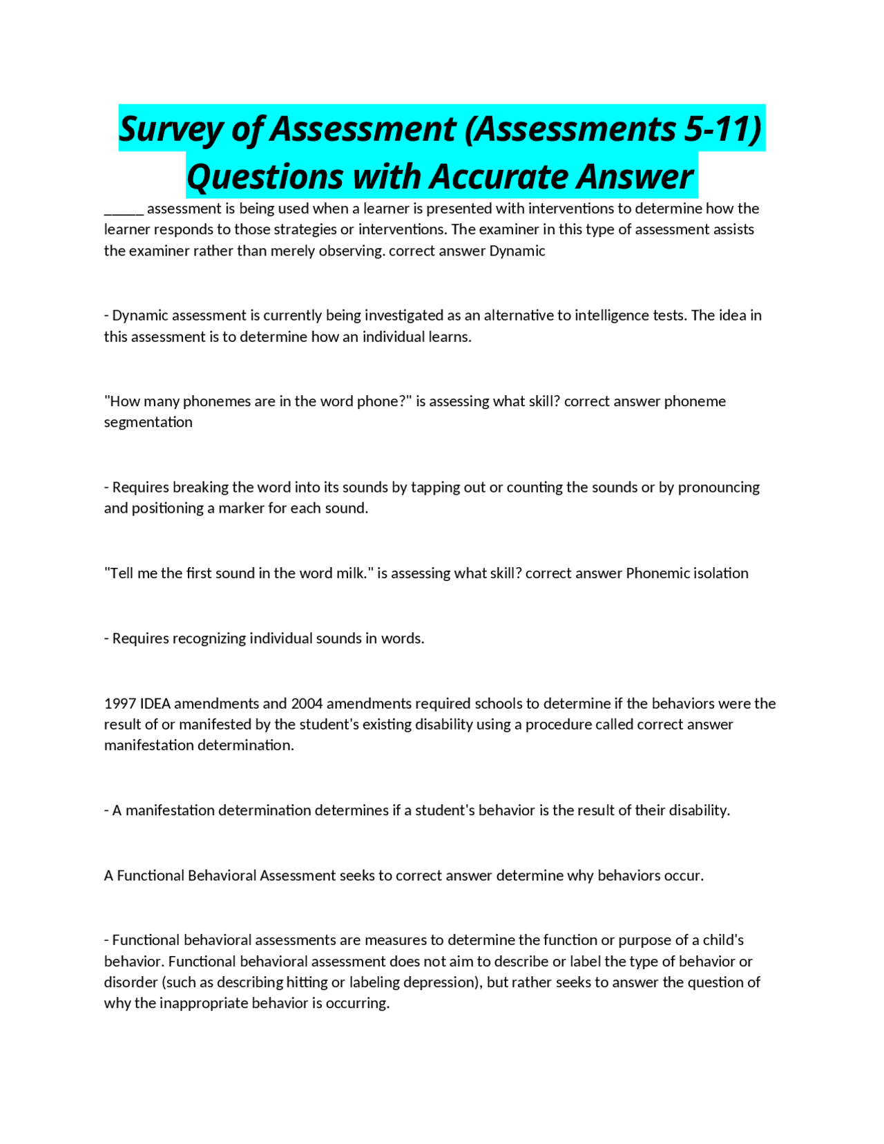 Survey of Assessment (Assessments 5-11) Questions with Accurate Answer ...