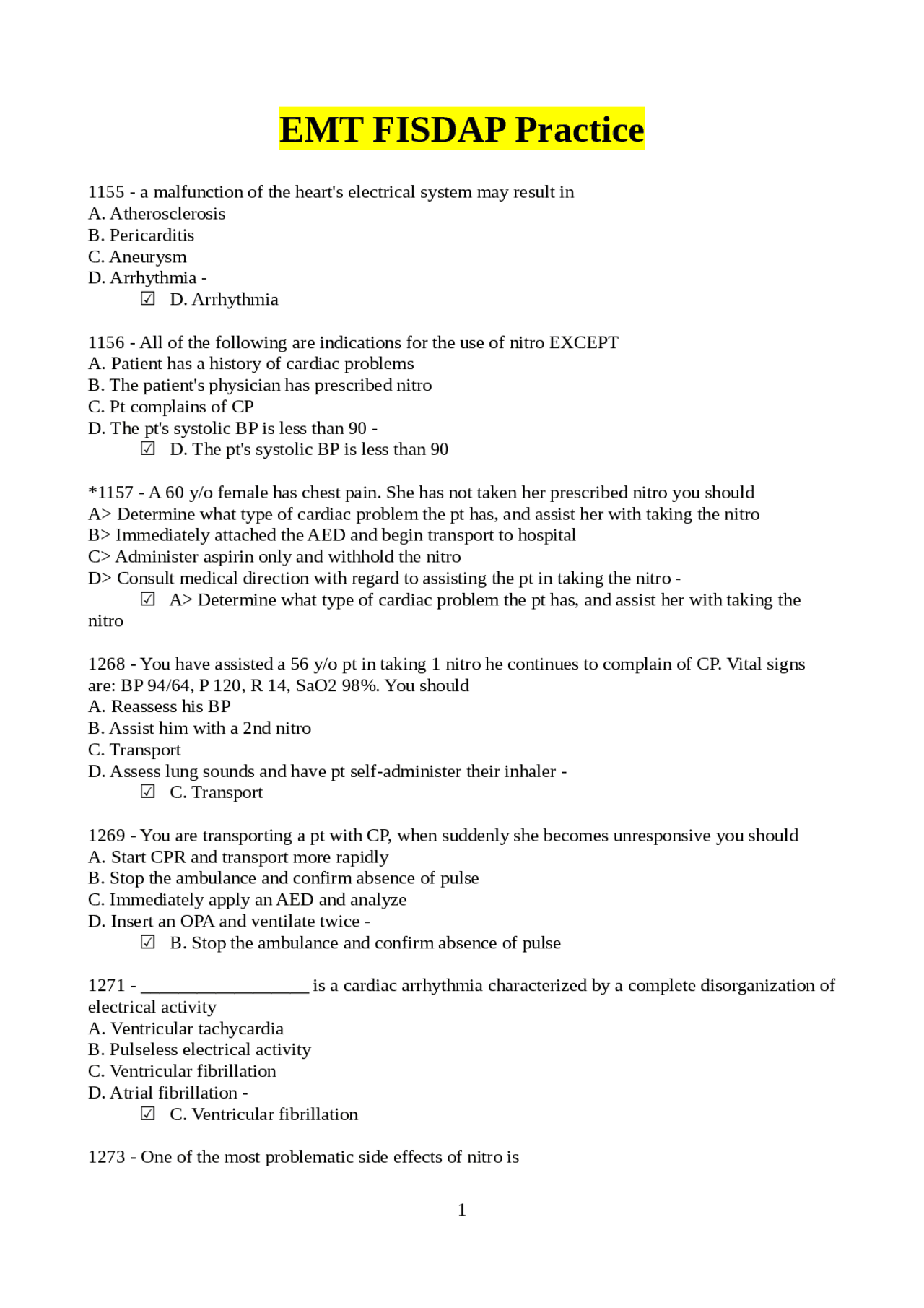 EMT FISDAP Practice. | Exams Medical Sciences | Docsity