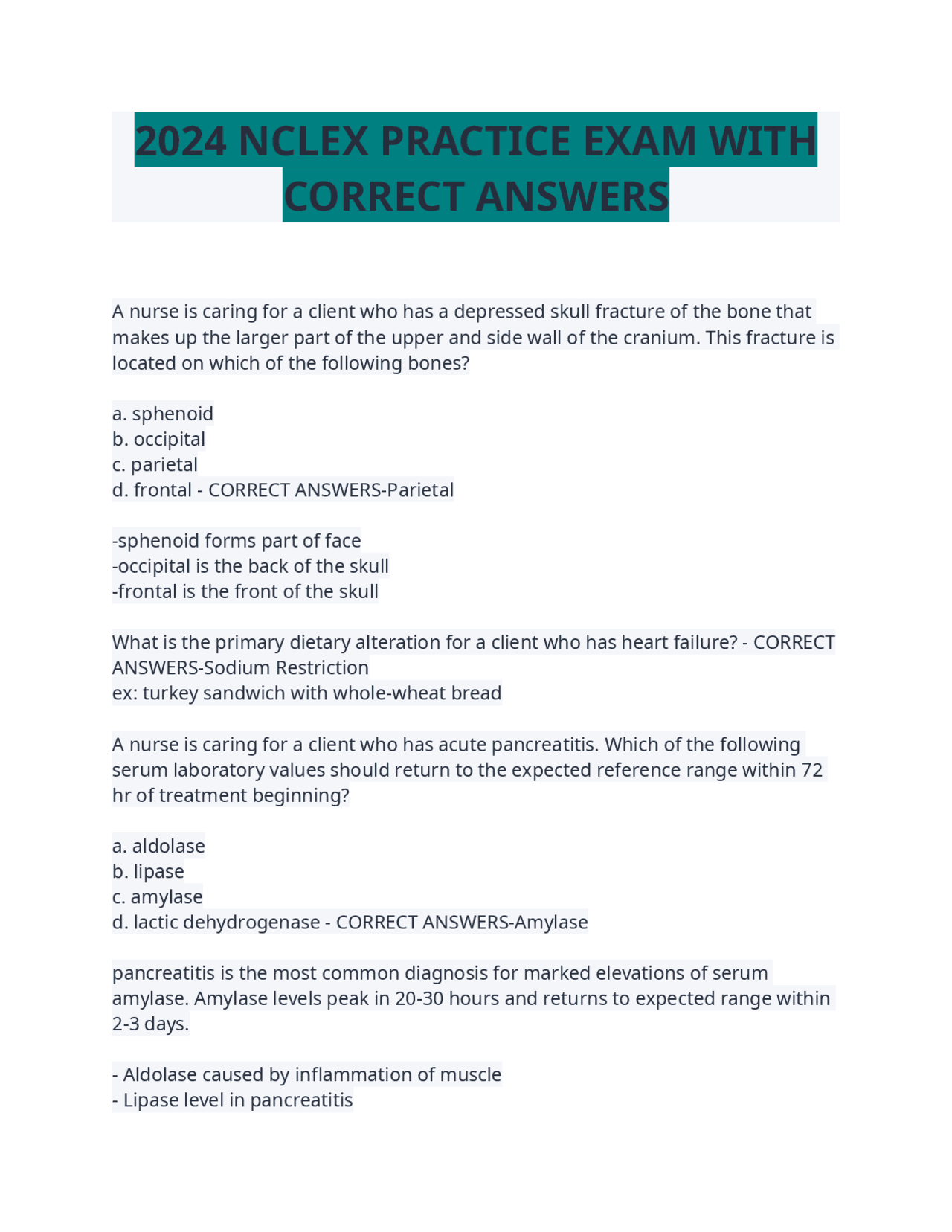 2024 NCLEX PRACTICE EXAM WITH CORRECT ANSWERS | Exams Nursing | Docsity