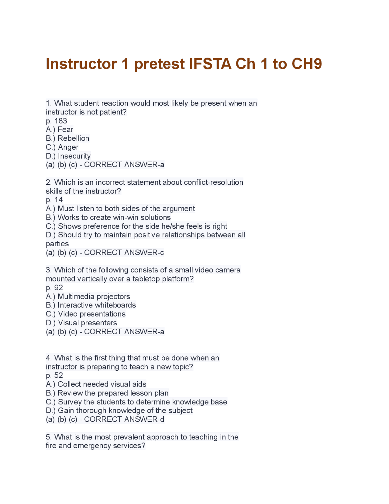 Instructor 1 pretest IFSTA Ch 1 to CH9 (Questions + Answers) Solved ...