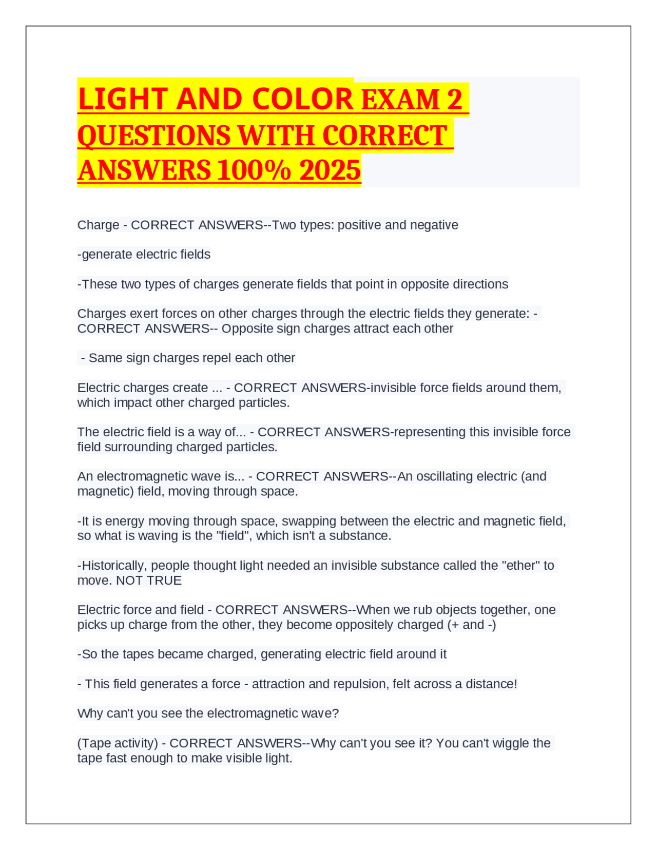 LIGHT AND COLOR EXAM 2 QUESTIONS WITH CORRECT ANSWERS 100% 2025 | Exams ...