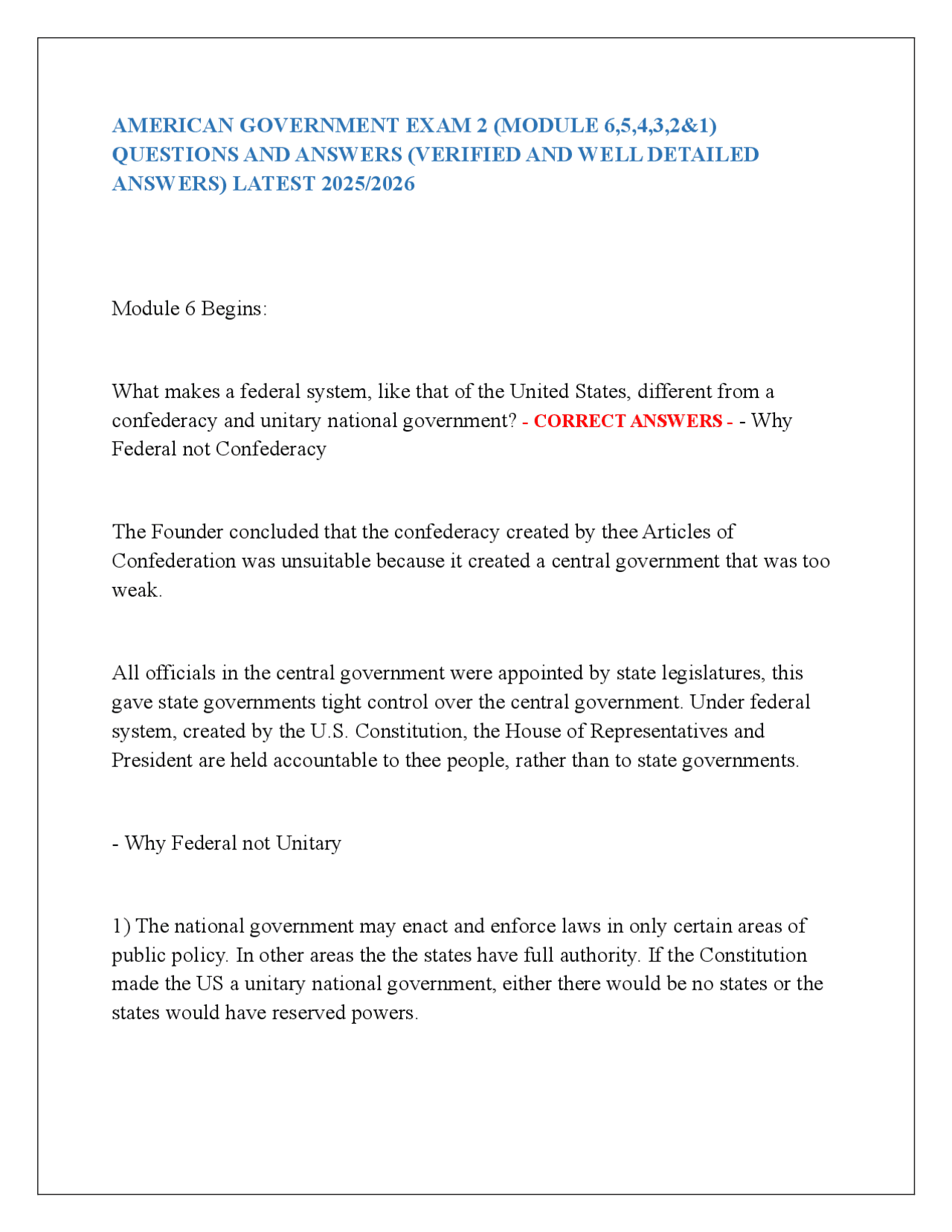 AMERICAN GOVERNMENT EXAM 2 (MODULE 6,5,4,3,2&1) QUESTIONS AND ANSWERS ...