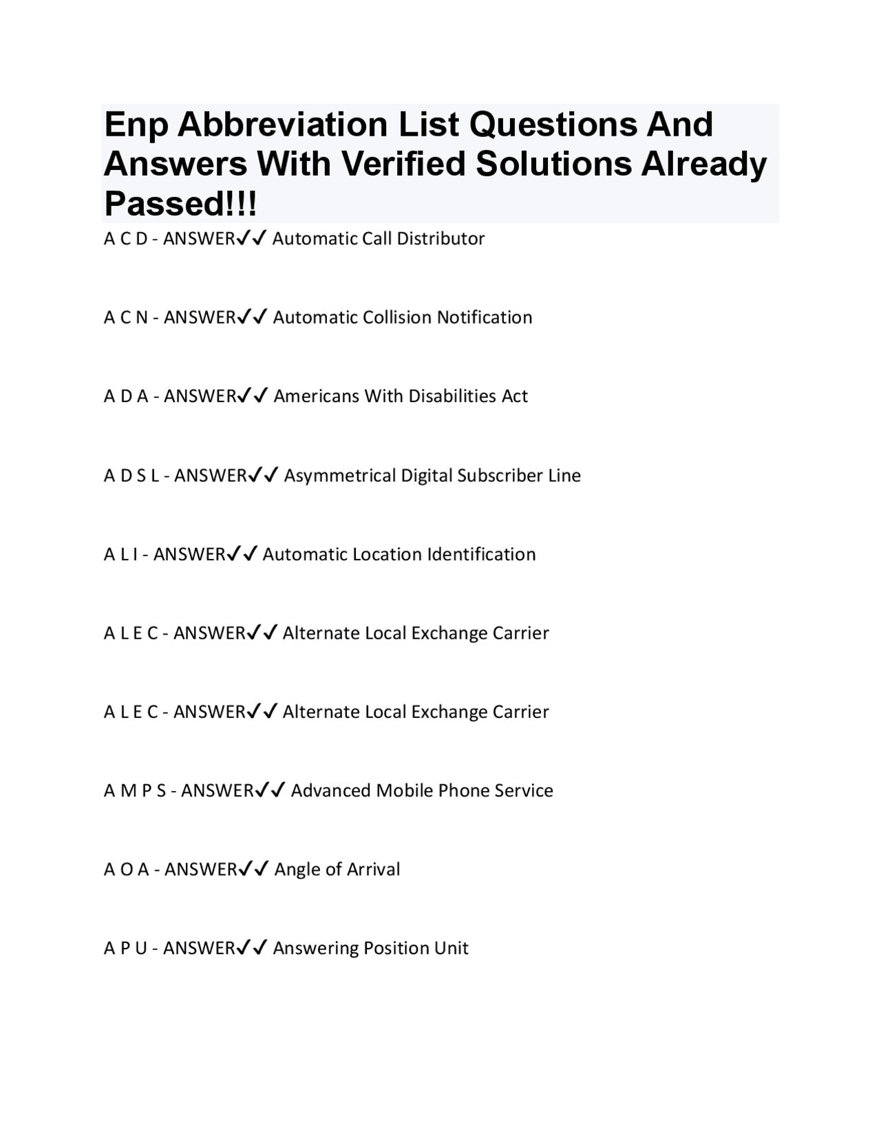 Enp Abbreviation List Questions And Answers With Verified Solutions Already Passed!!! | Exams ...