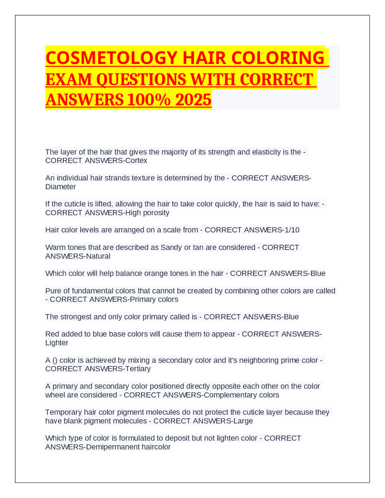 COSMETOLOGY HAIR COLORING EXAM QUESTIONS WITH CORRECT ANSWERS 100% 2025 ...