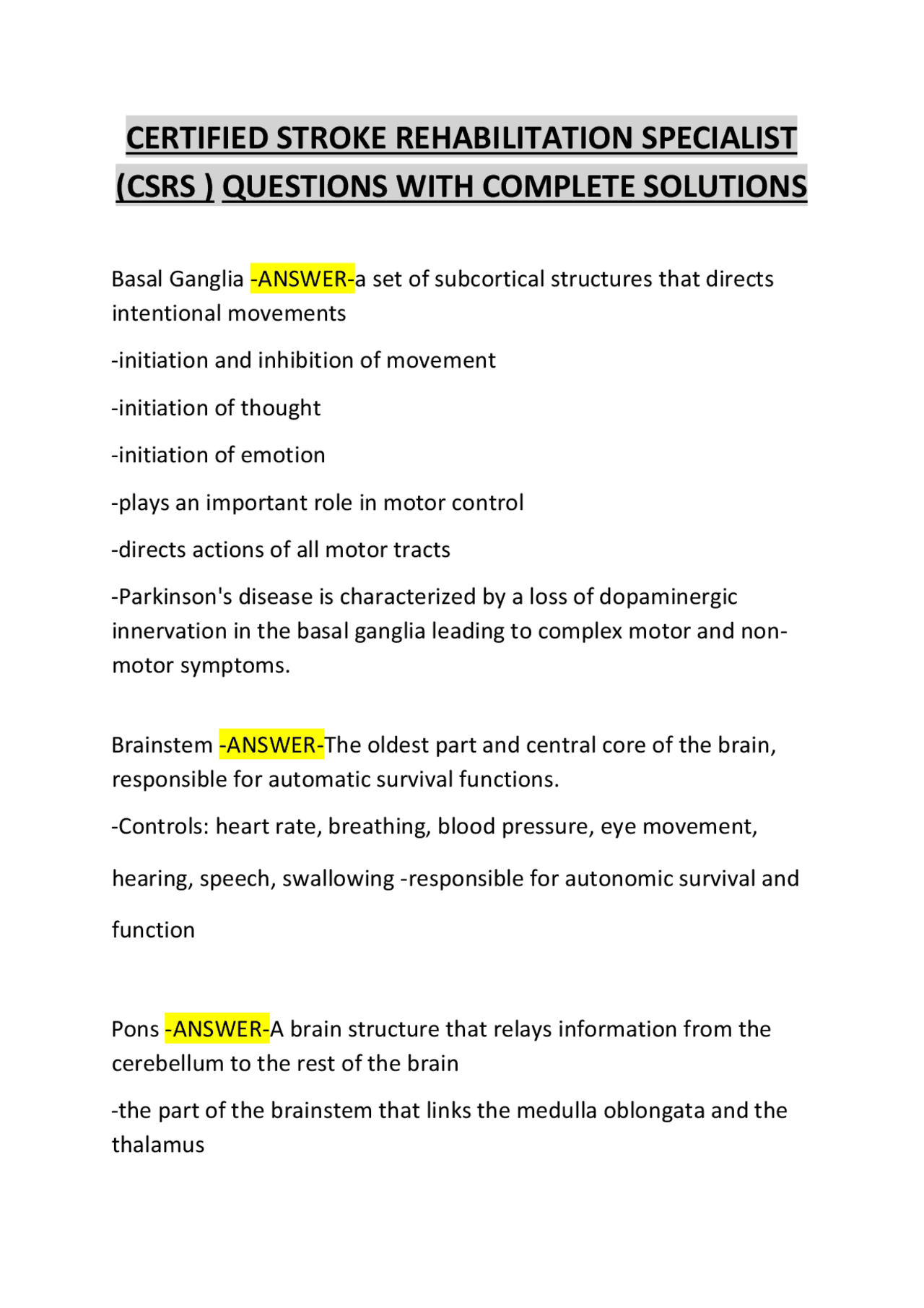 CERTIFIED STROKE REHABILITATION SPECIALIST (CSRS ) QUESTIONS WITH COMPLETE SOLUTIONS | Exams ...