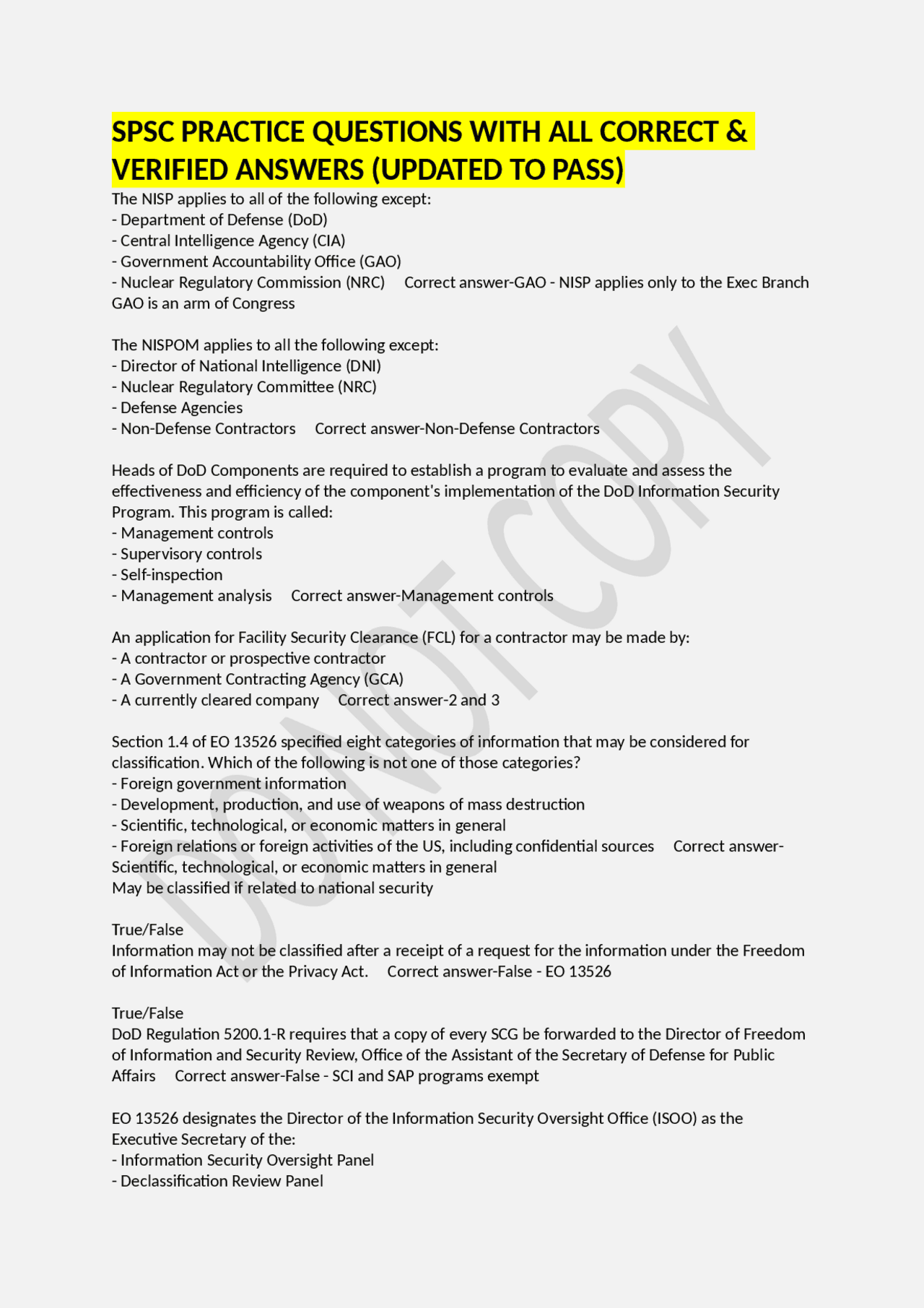 SPSC PRACTICE QUESTIONS WITH ALL CORRECT & VERIFIED ANSWERS (UPDATED TO PASS) | Exams Credit and ...