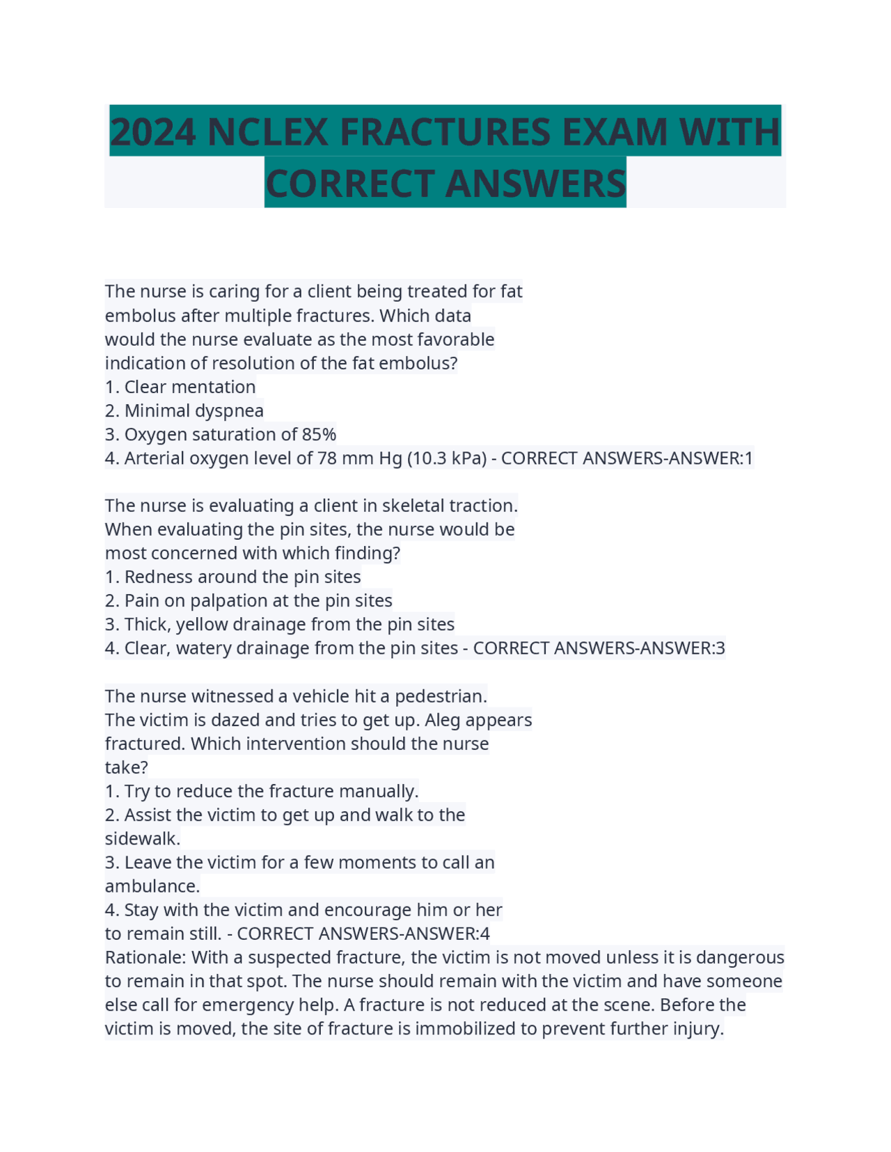 2024 NCLEX FRACTURES EXAM WITH CORRECT ANSWERS | Exams Nursing | Docsity