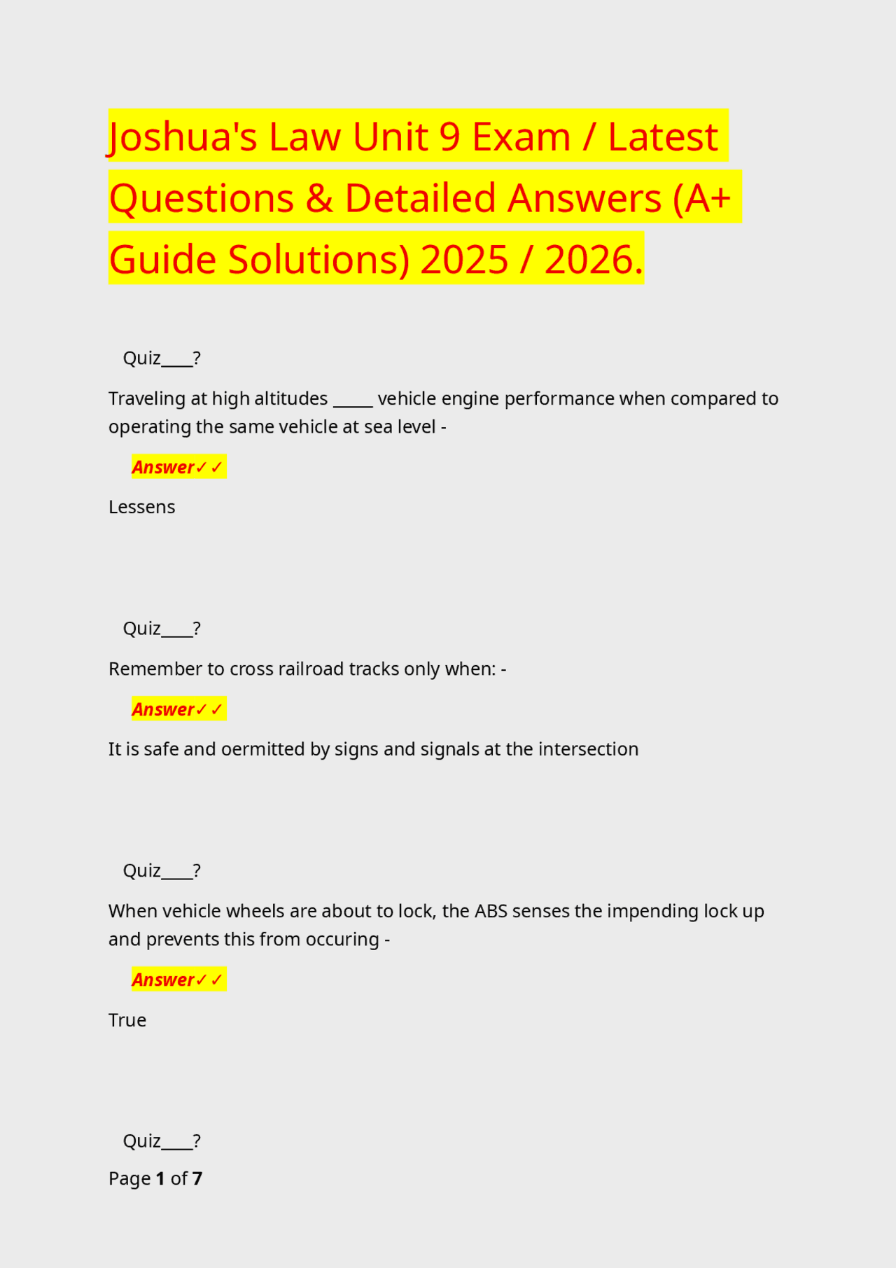 Joshua's Law Unit 9 Exam / Latest Questions & Detailed Answers (A+ ...