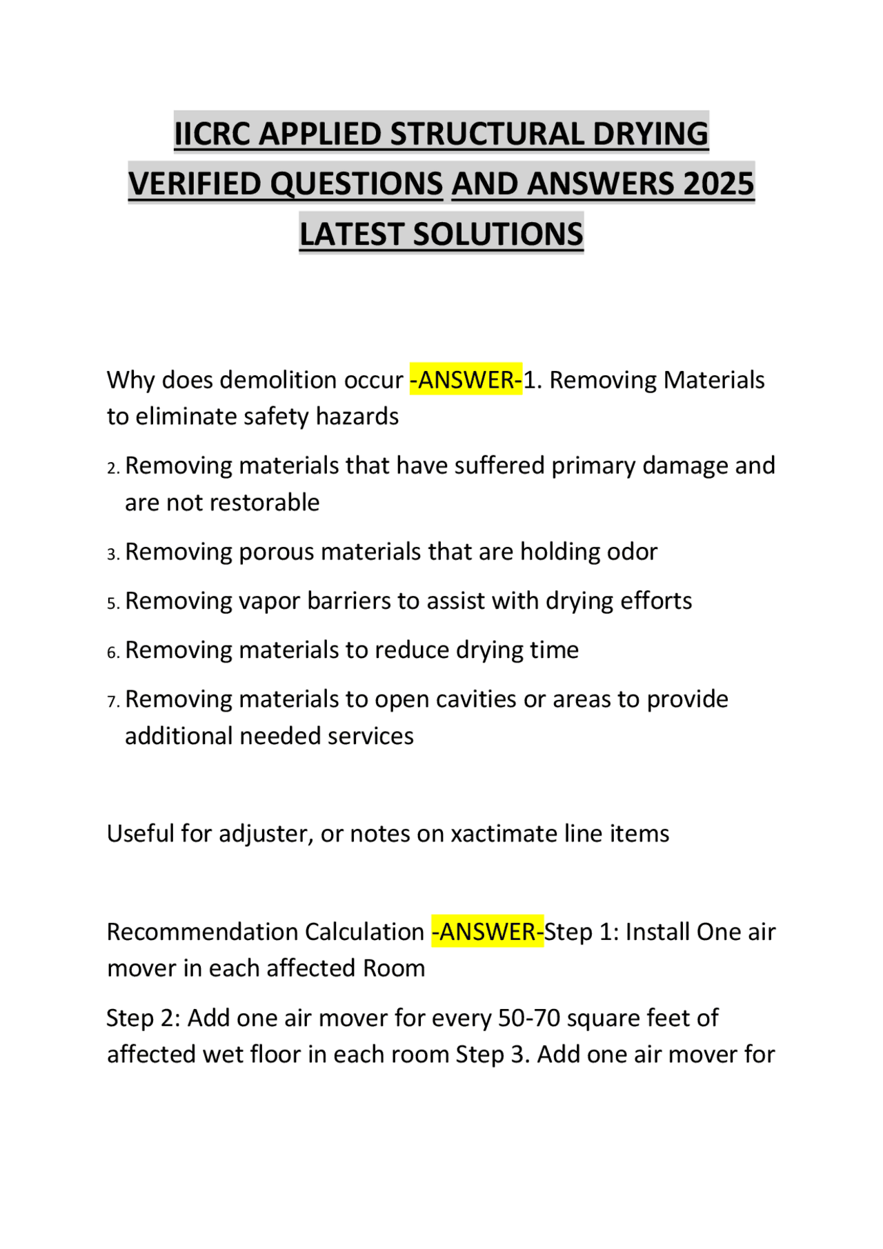 IICRC APPLIED STRUCTURAL DRYING VERIFIED QUESTIONS AND ANSWERS 2025 ...