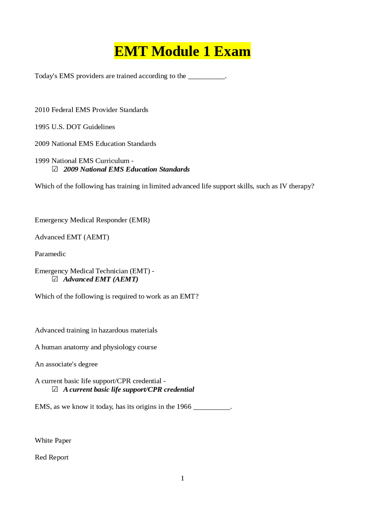 EMT Module 1 Exam | EMT Module 1 Exam | Exams Medical Sciences | Docsity