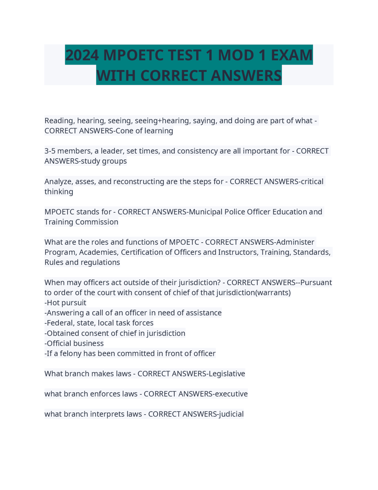 2024 MPOETC TEST 1 MOD 1 EXAM WITH CORRECT ANSWERS | Exams Nursing ...