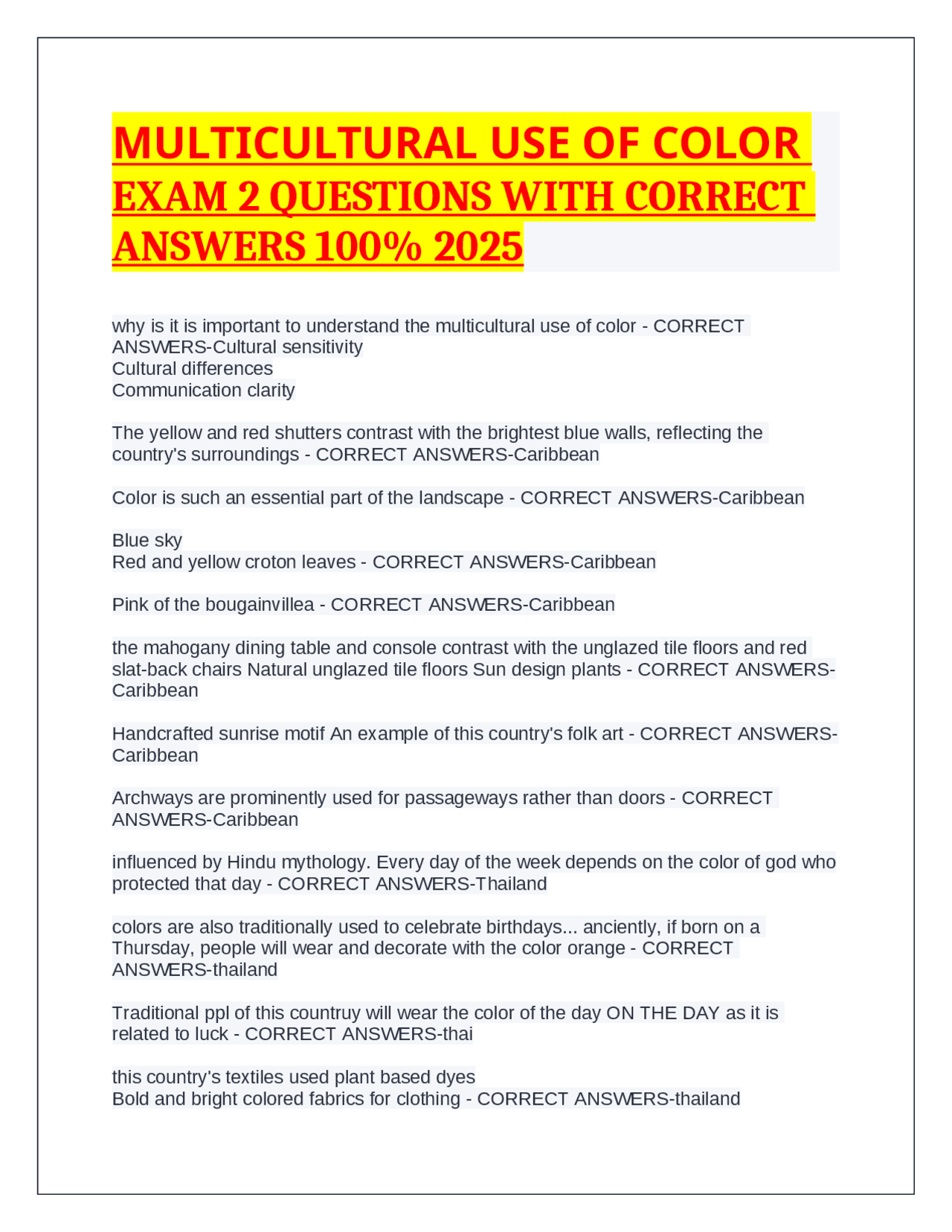 MULTICULTURAL USE OF COLOR EXAM 2 QUESTIONS WITH CORRECT ANSWERS 100% ...