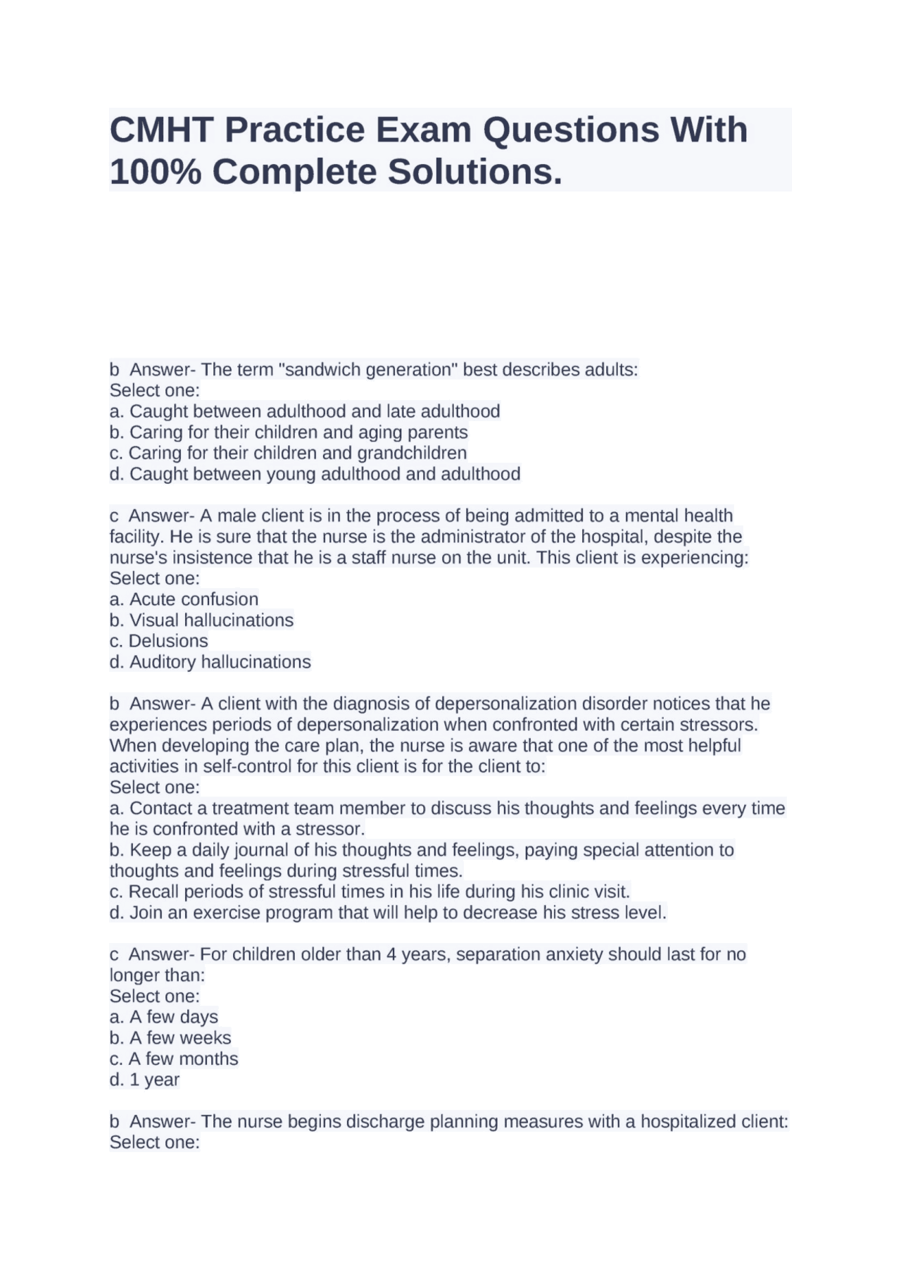 CMHT Practice Exam Questions With 100% Complete Solutions | Exams ...