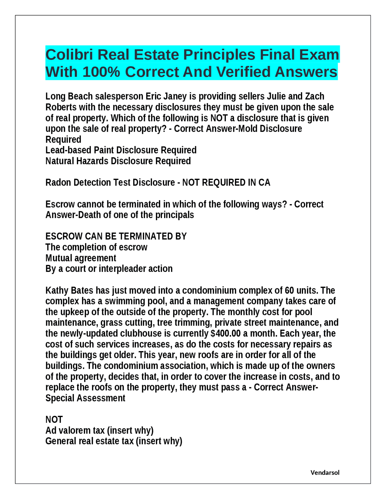Colibri Real Estate Principles Final Exam With 100% Correct And ...